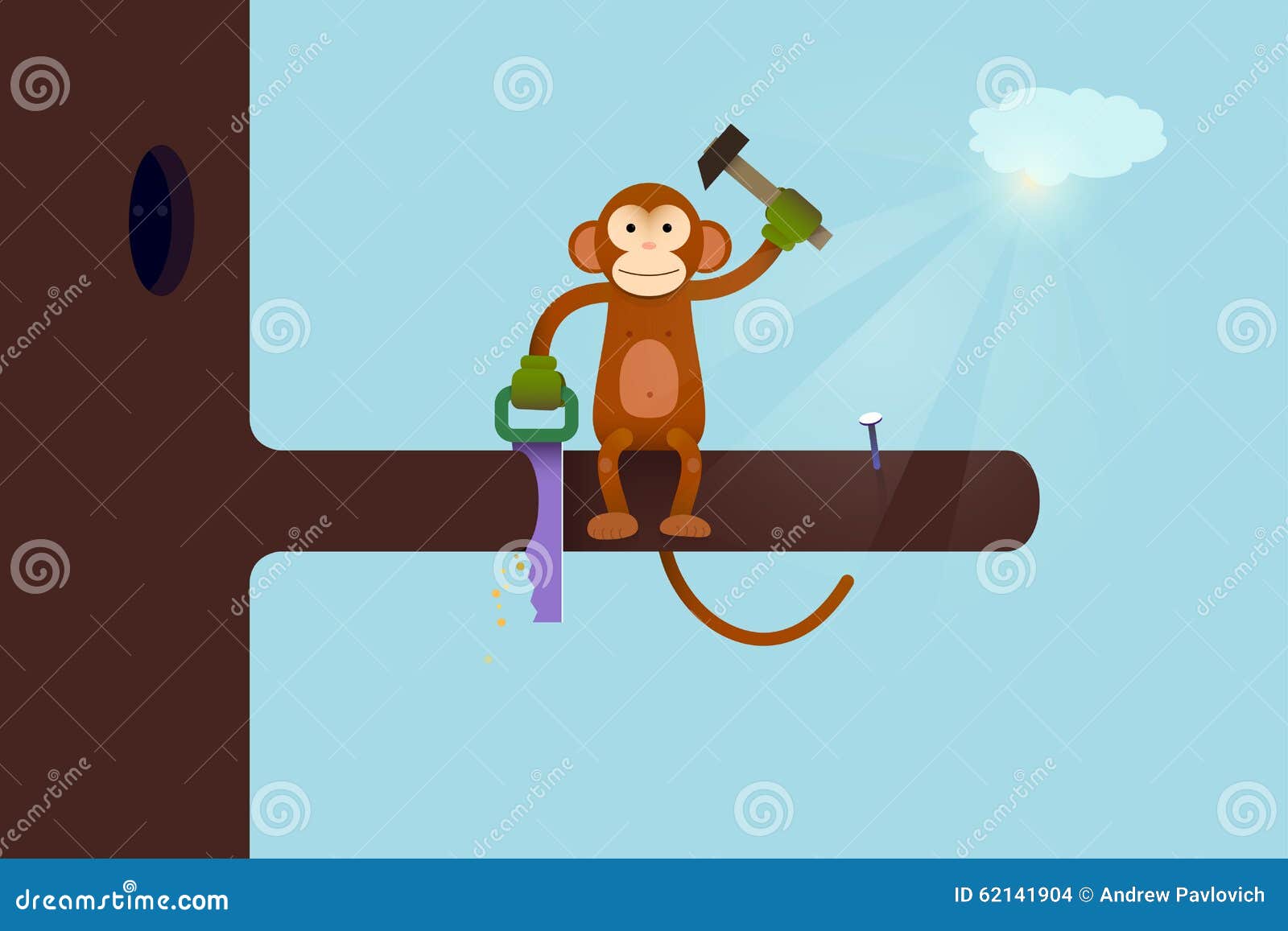 Construction Monkey With Safety Helmet, Hammer And Nails Cartoon Vector ...