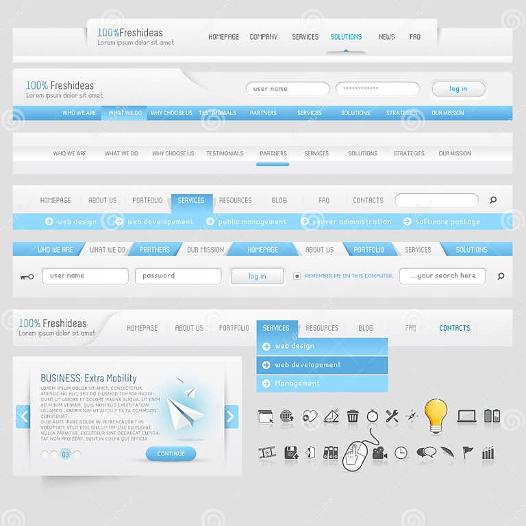 Website Design Navigation Template Elements with Icons Set Stock Vector ...