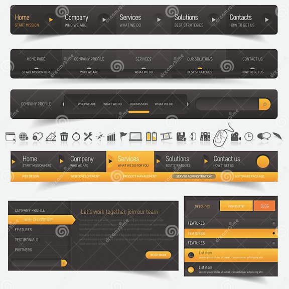 Website Design Navigation Template Elements with Icons Set Stock Vector ...