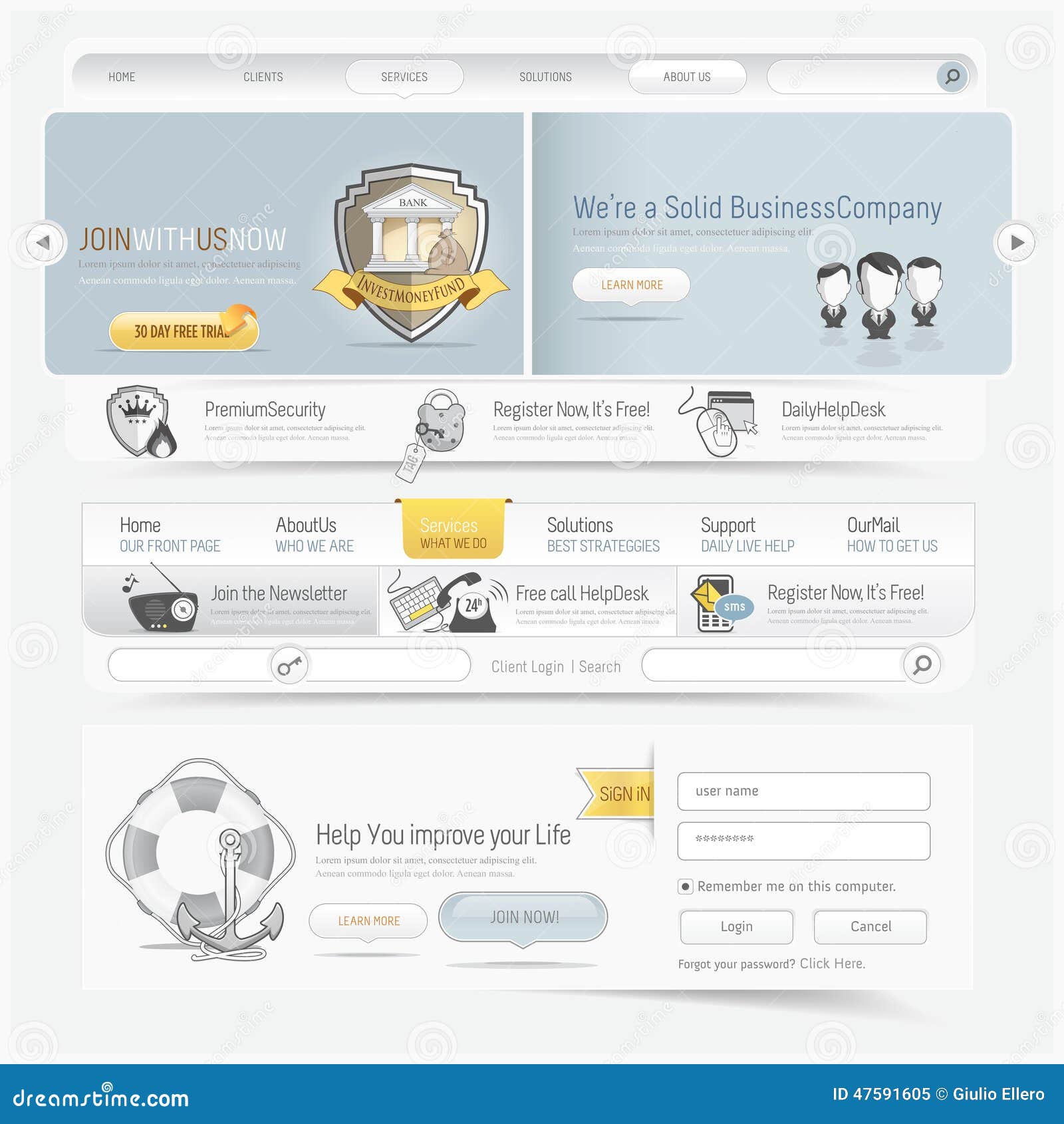 Website Design Navigation Template Elements with Icons Set Stock Vector ...