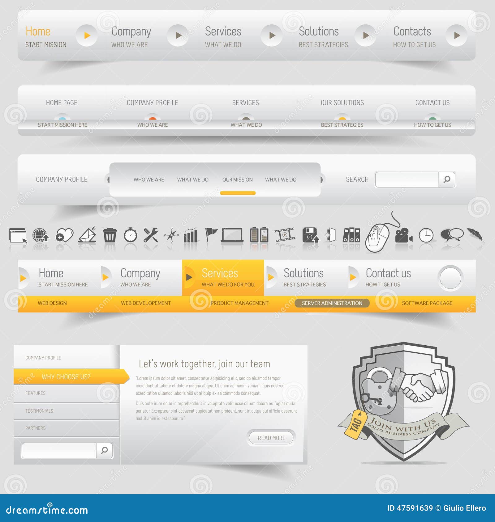 Website Design Navigation Template Elements with Icons Set Stock Vector ...