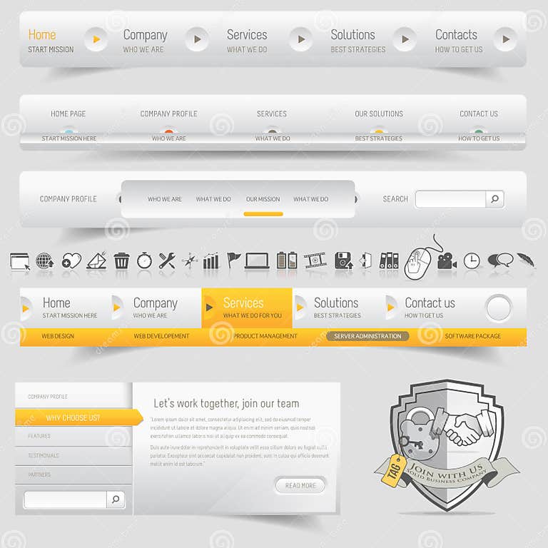 Website Design Navigation Template Elements with Icons Set Stock Vector ...