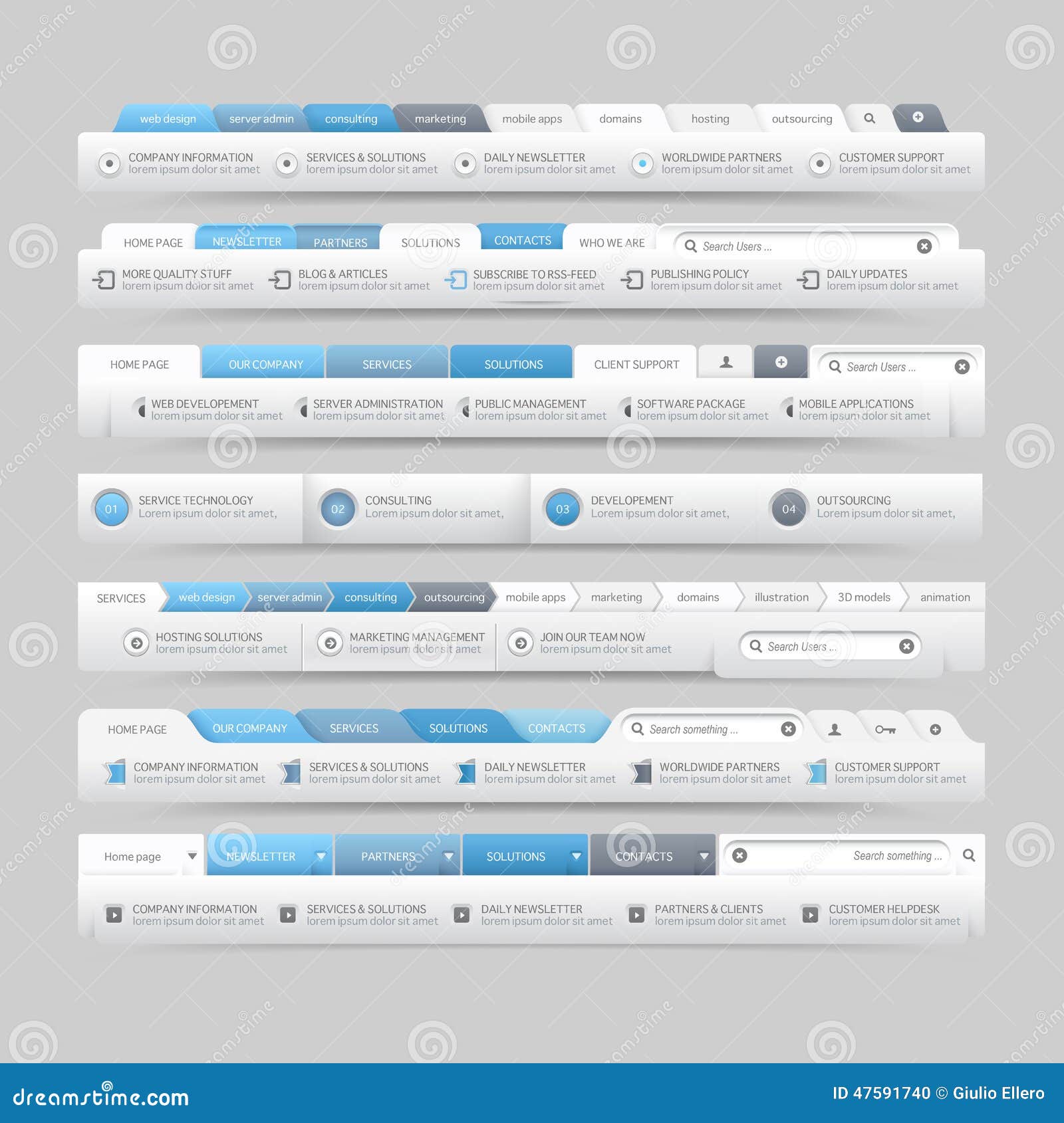 Website Design Template Navigation Elements with Icons Set Stock Vector ...