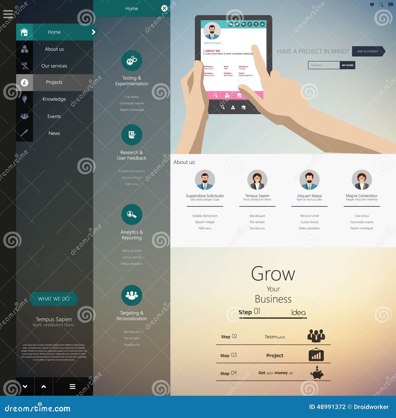 Website Design Template with UI Elements Kit, Flat Design Concept ...