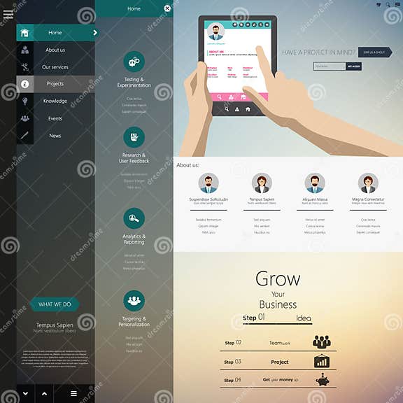 Website Design Template with UI Elements Kit, Flat Design Concept ...