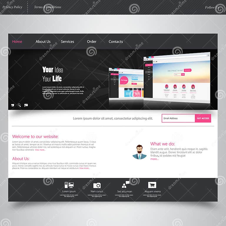 Website Design Template with UI Elements Kit, Flat Design Concept.Web ...