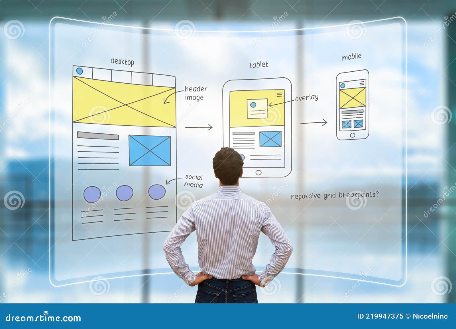 Website Front End Designer Reviewing Wireframe Layout Mockup, AR Screen ...