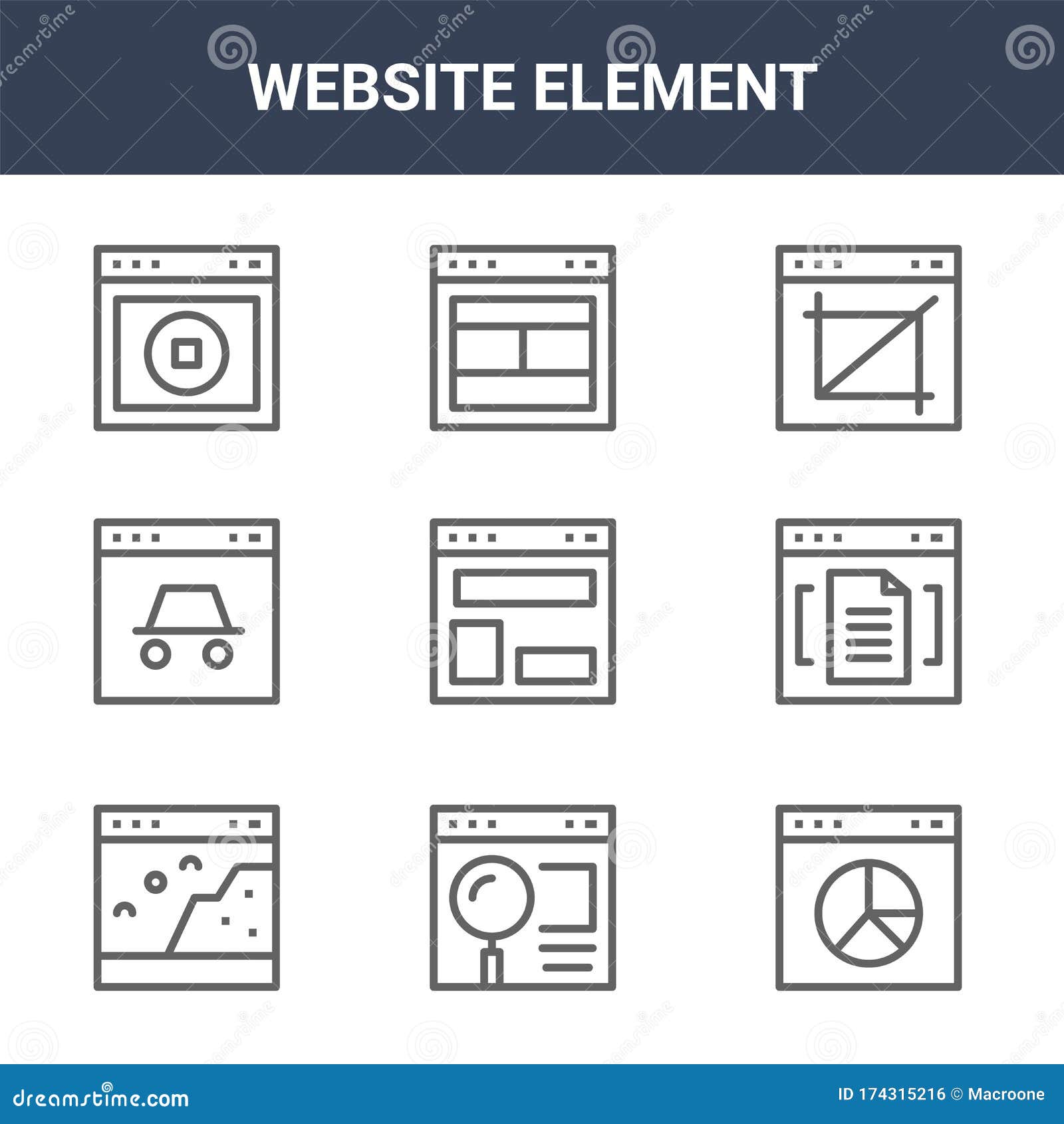9 Website Element Icons Pack. Trendy Website Element Icons on White ...