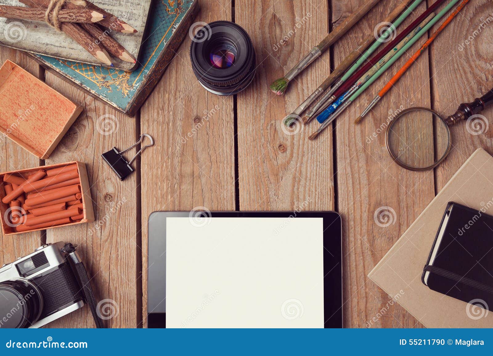 Website Header Design with Digital Tablet and Creative Vintage Objects ...