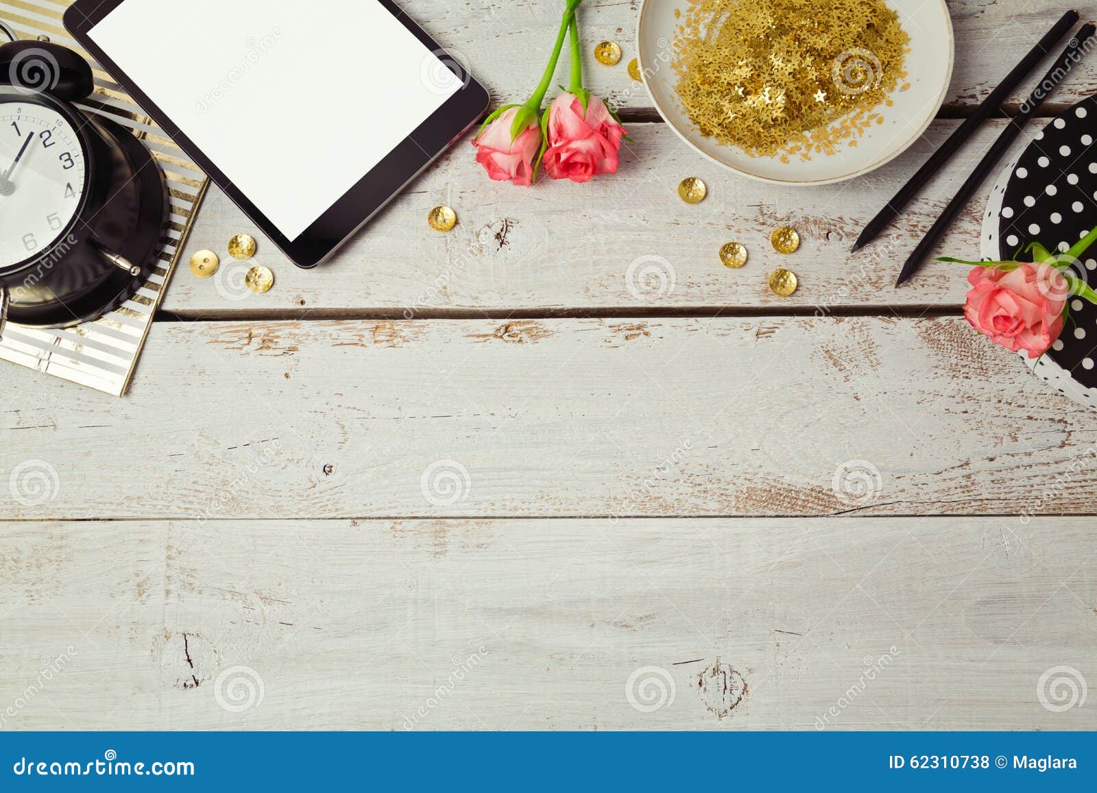 Website Header Design with Digital Tablet and Rose Flowers on Wooden ...