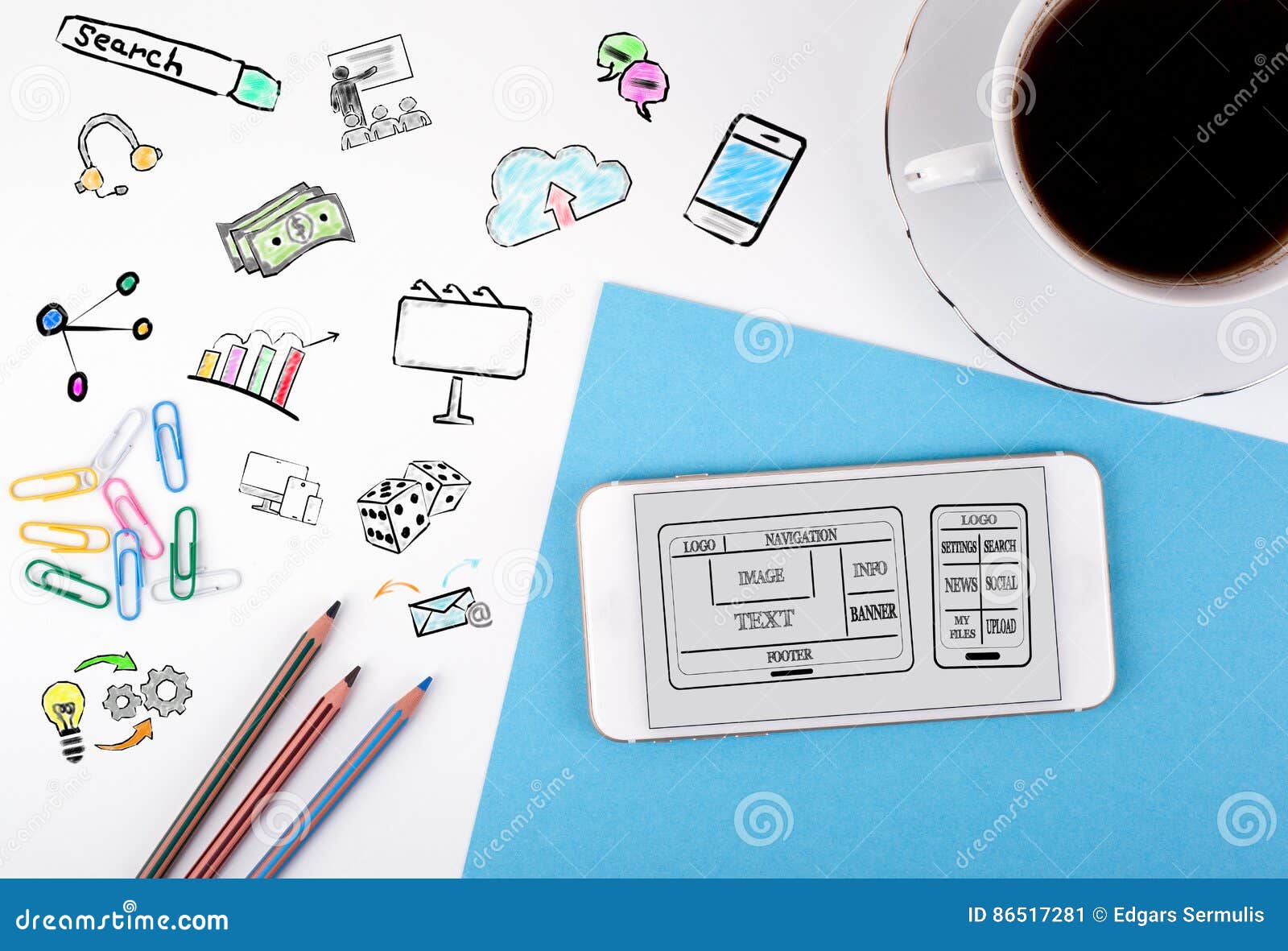 Website and Mobile App Development Concept. Mobile Phone and Coffee Cup ...