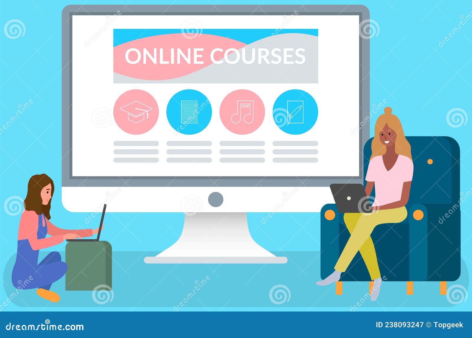 Website with Online Courses for E-learning. Girls Study with Laptops ...