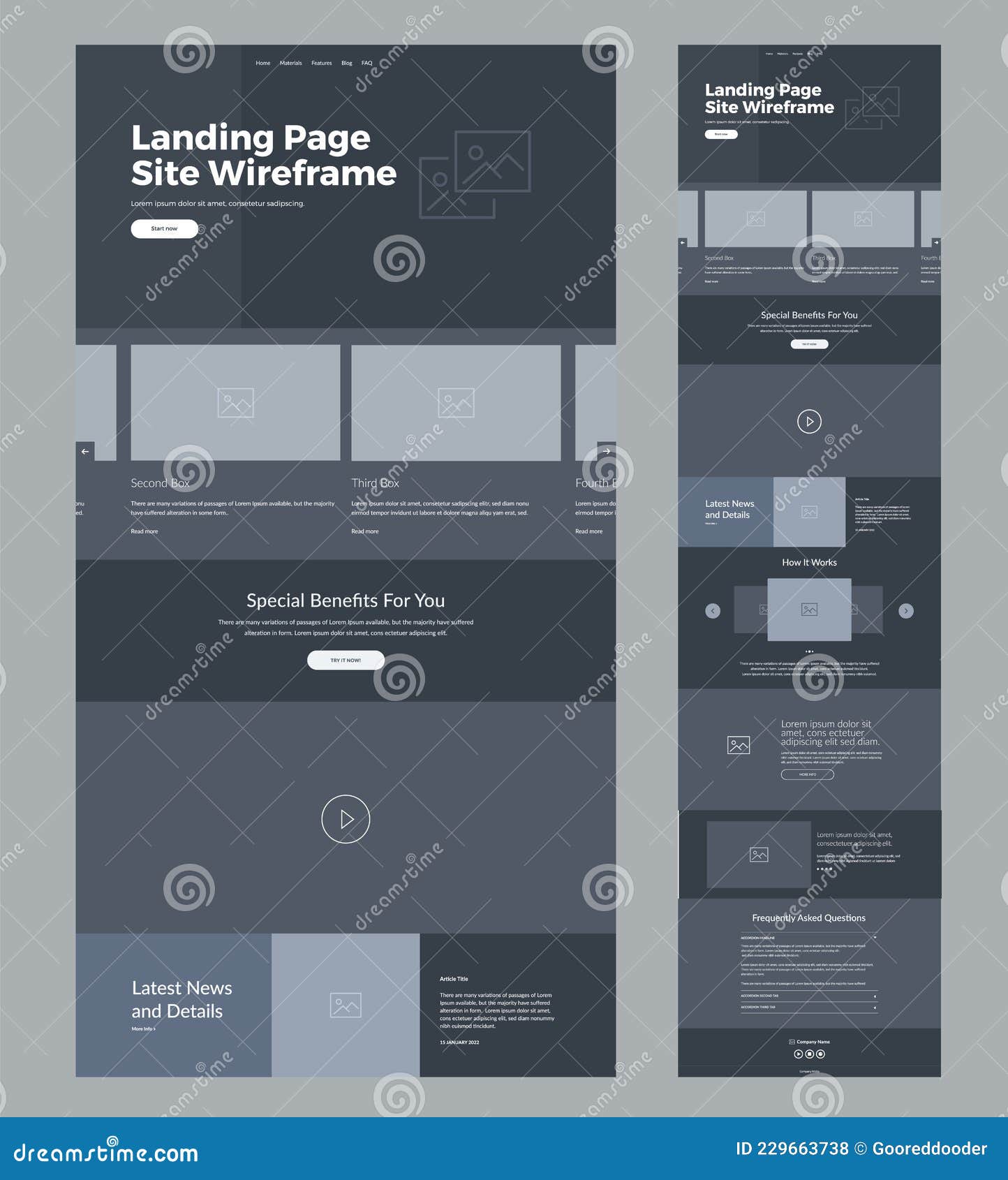 Website Template Design. Dark Landing Page Site Wireframe. Stock Vector ...