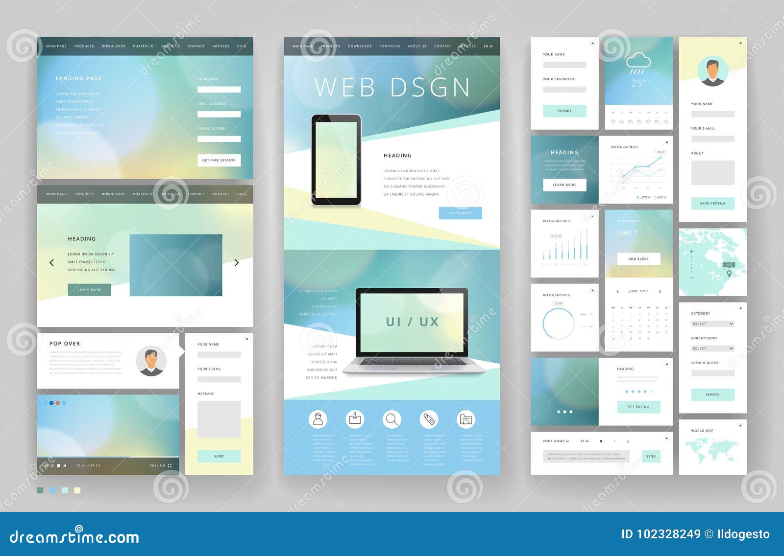 Website Template Design with Interface Elements Stock Vector - Illustration of world, graphic ...