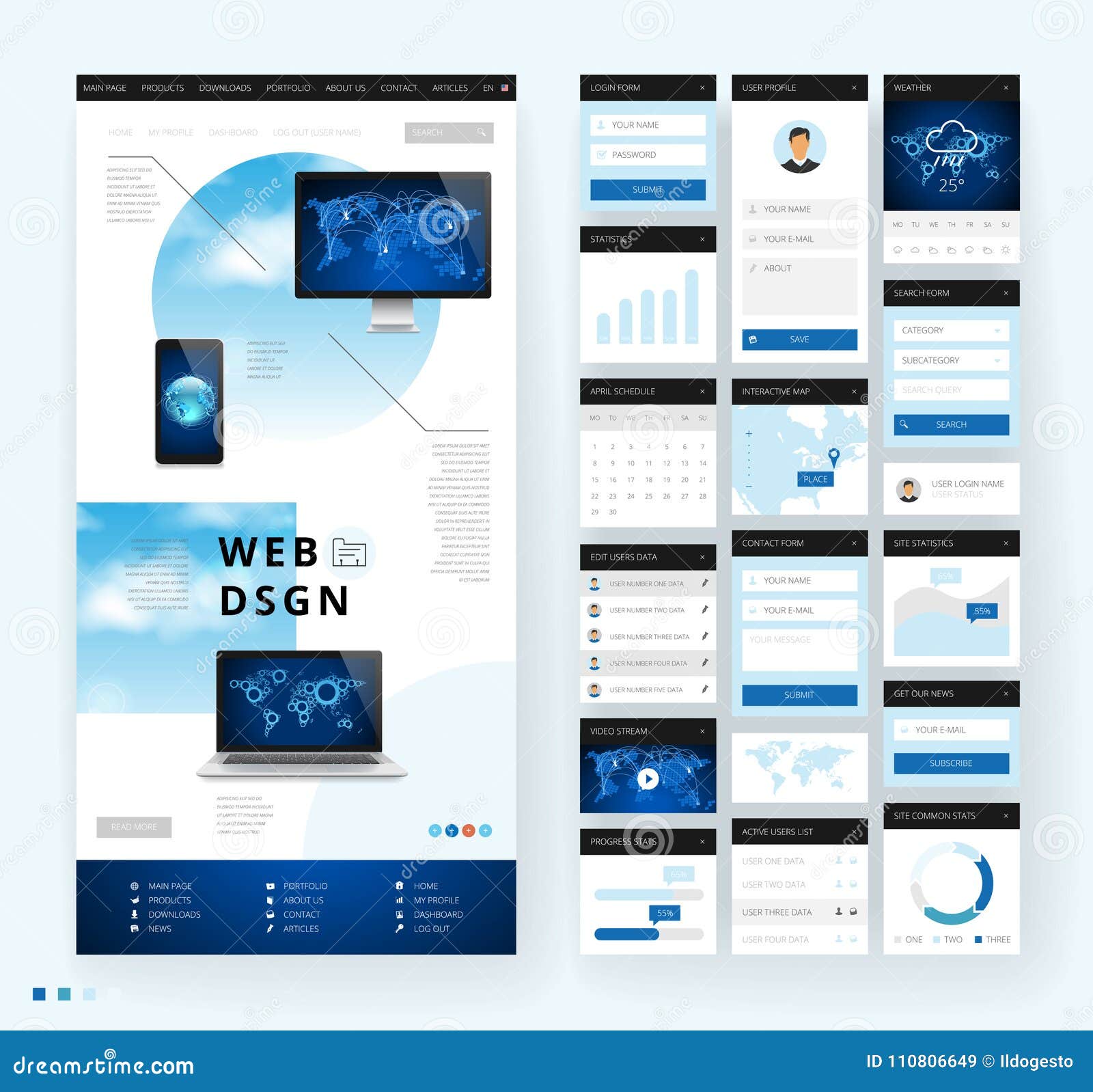 Website Template Design with Interface Elements Stock Vector ...