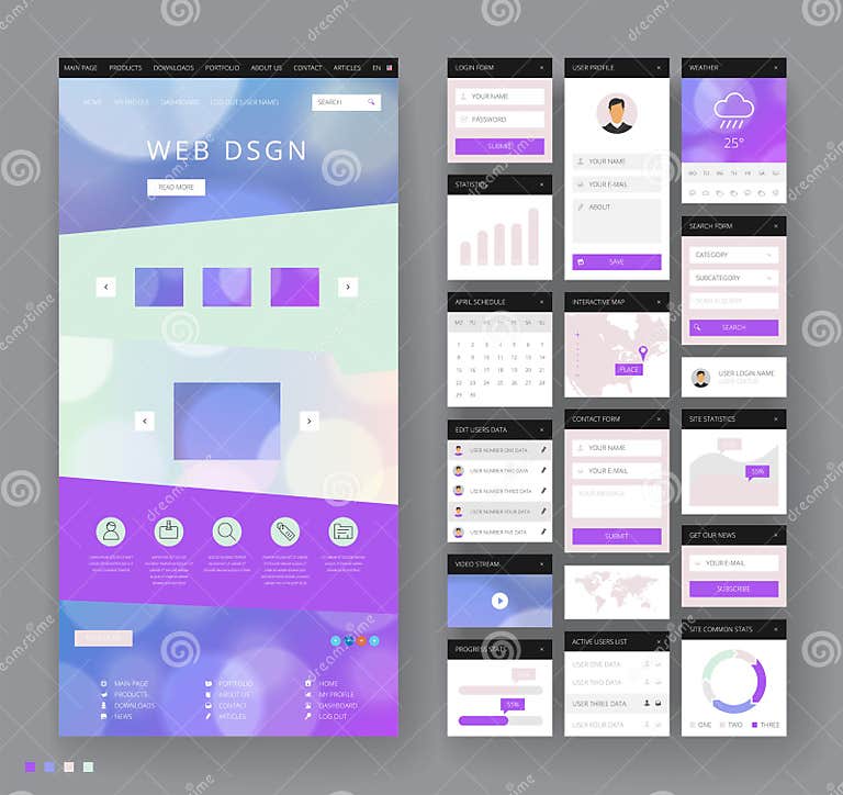 Website Template Design with Interface Elements Stock Vector - Illustration of interface ...