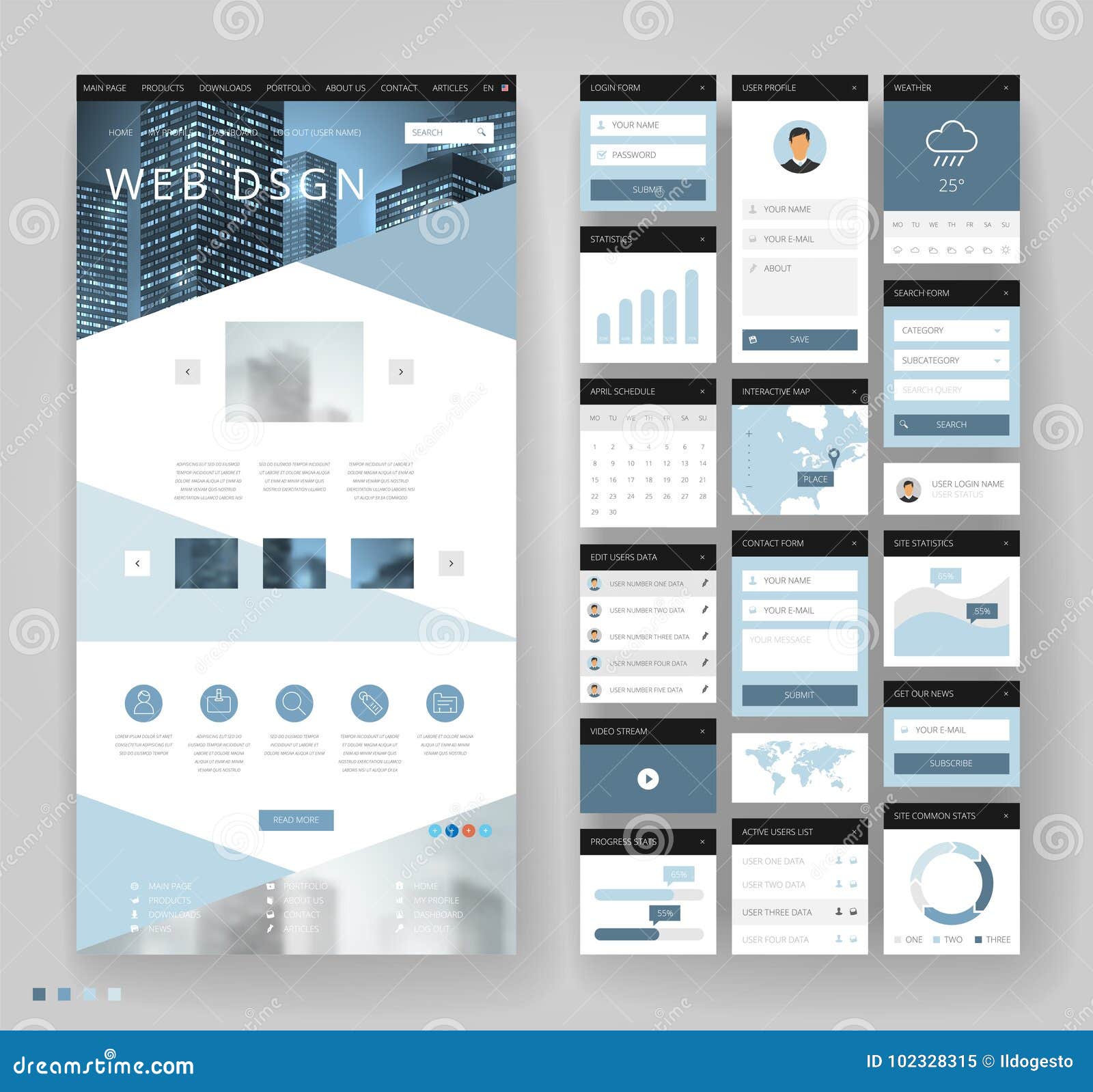 Website Template Design with Interface Elements Stock Vector ...