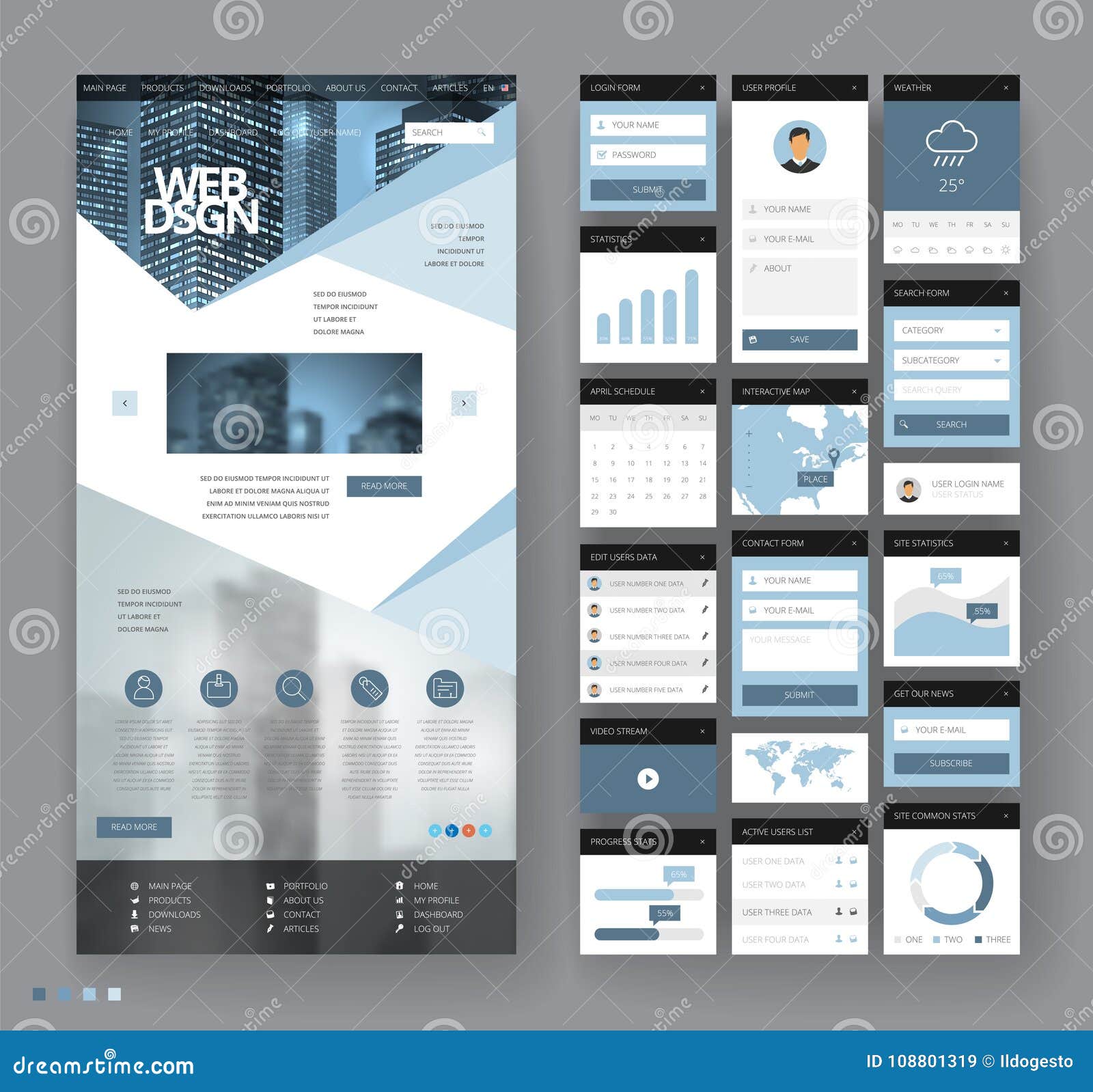 Website Template Design with Interface Elements Stock Vector ...