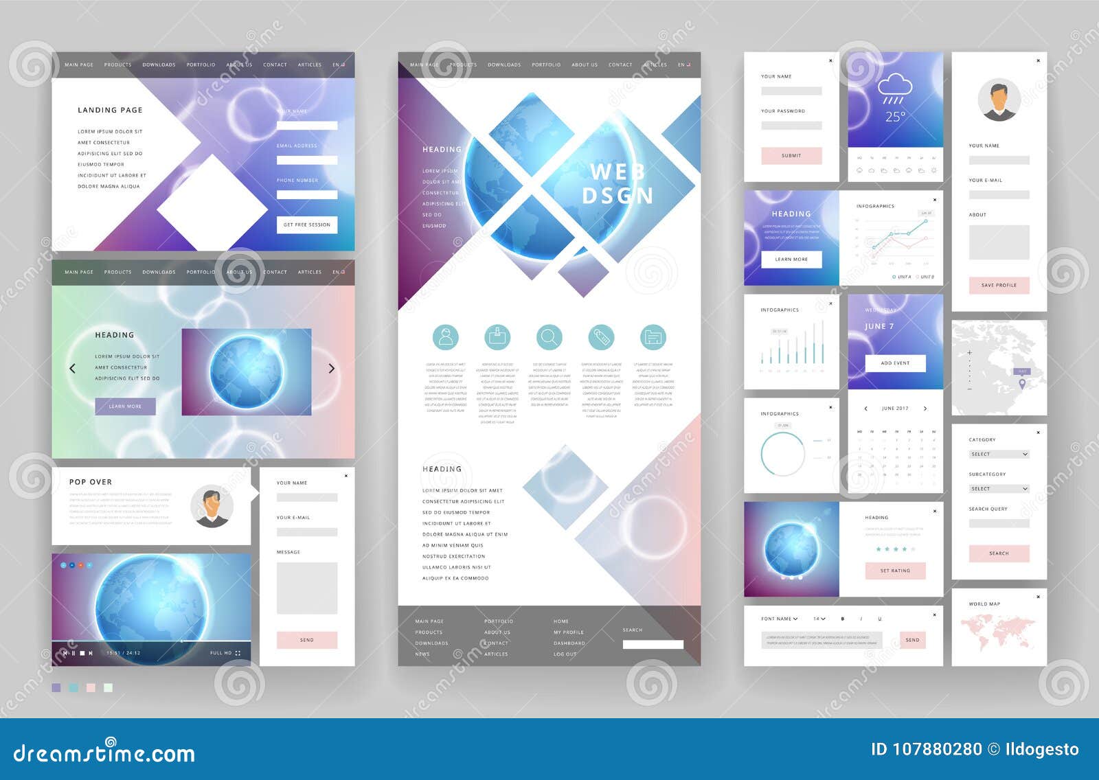 Website Template Design with Interface Elements Stock Vector - Illustration of earth ...