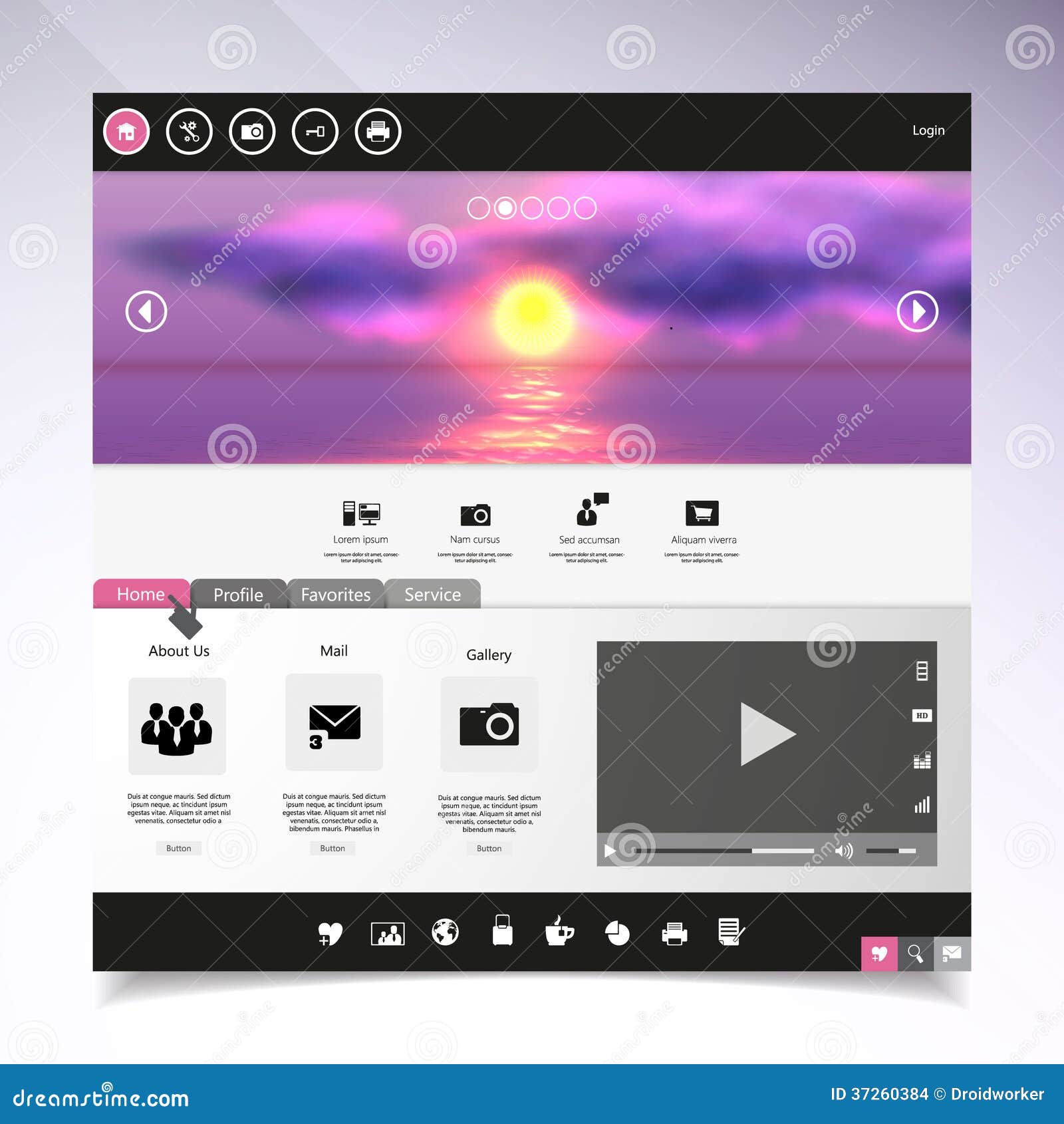 Website Template Vector. with Photorealistic Sunrise, Sea Illustration ...