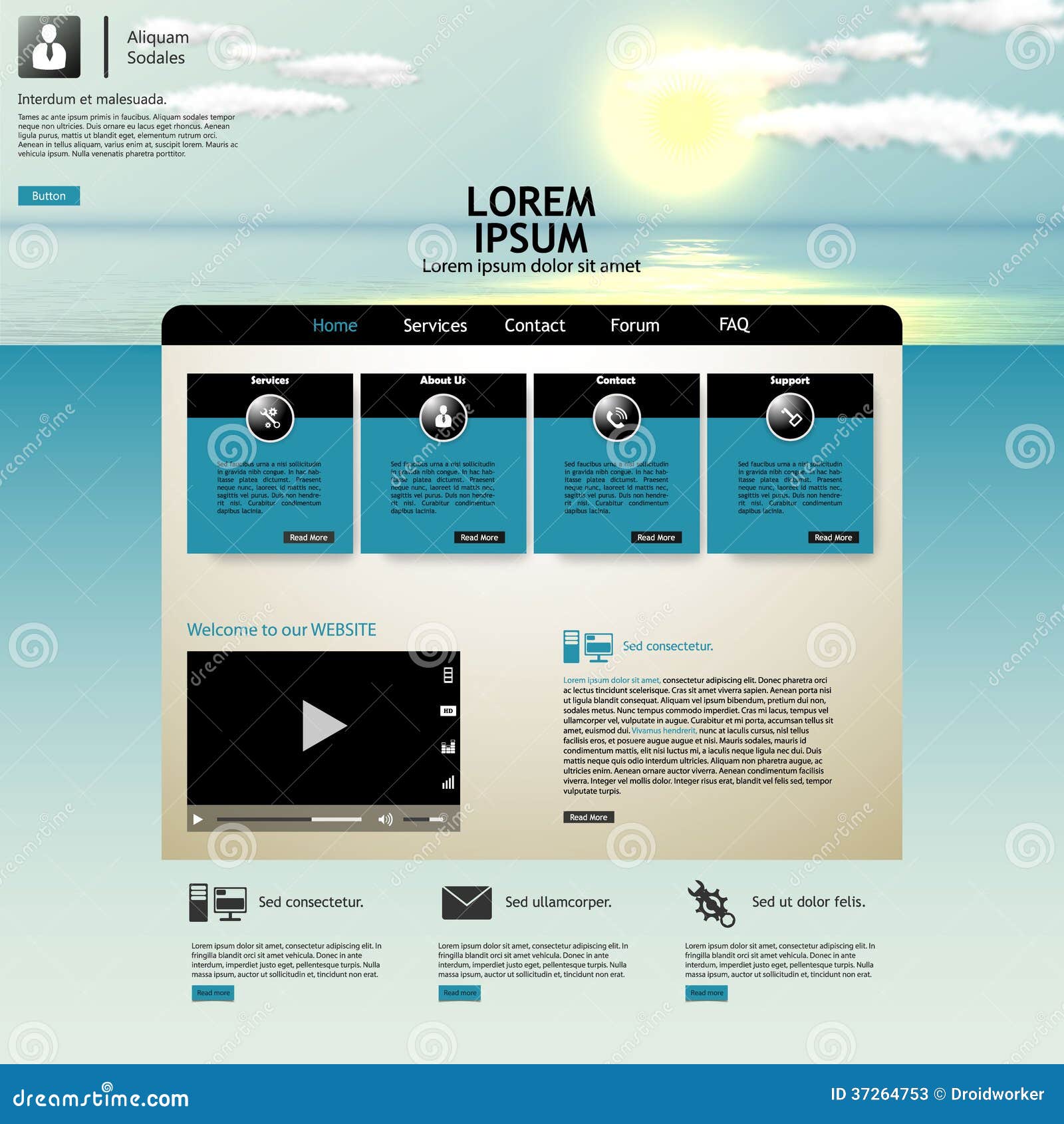 Website Template Vector. with Photorealistic Sunrise, Sea Illustration ...