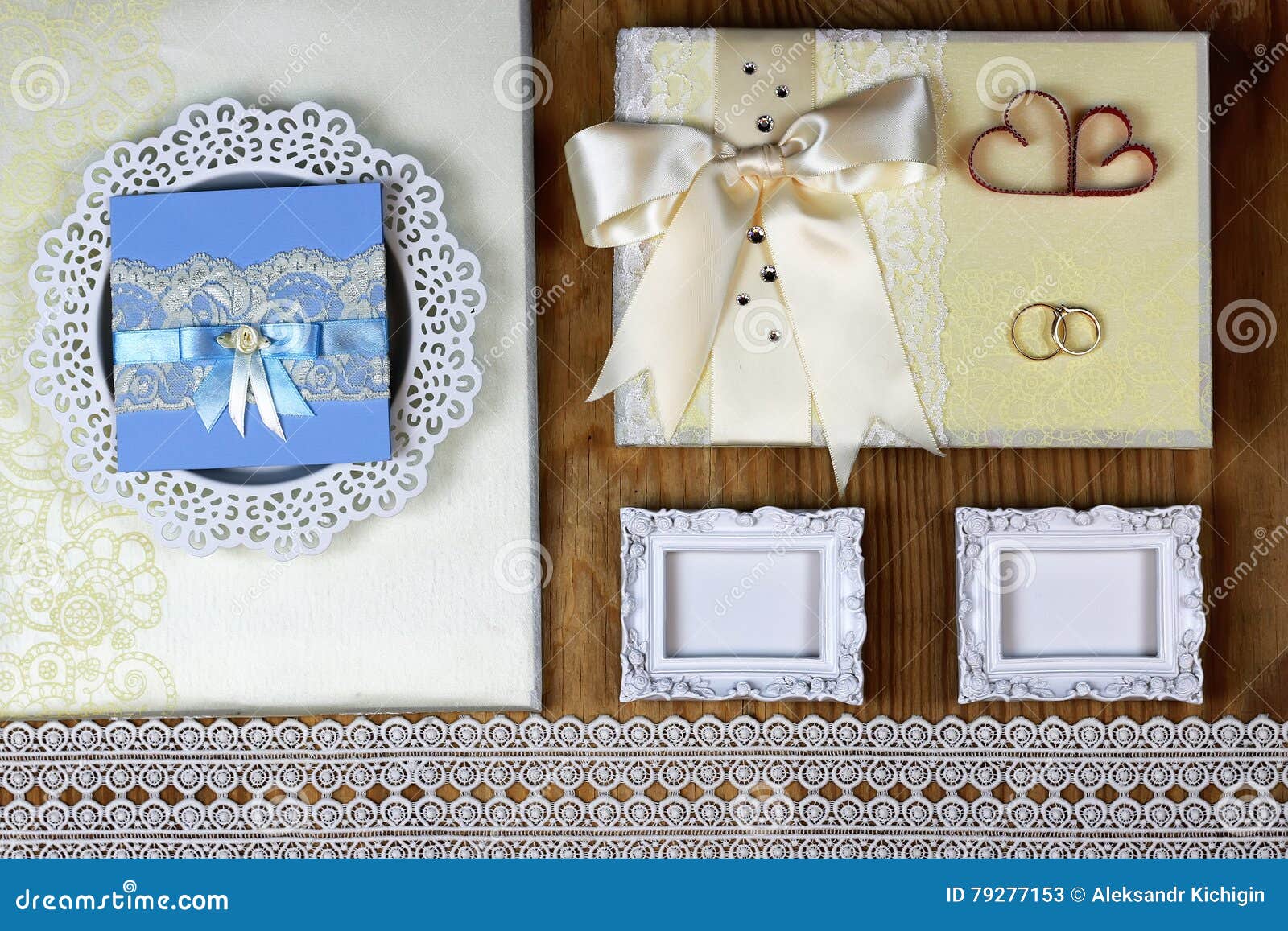 Wedding Accessories and Invitations To Frame Light Wooden Table Stock ...