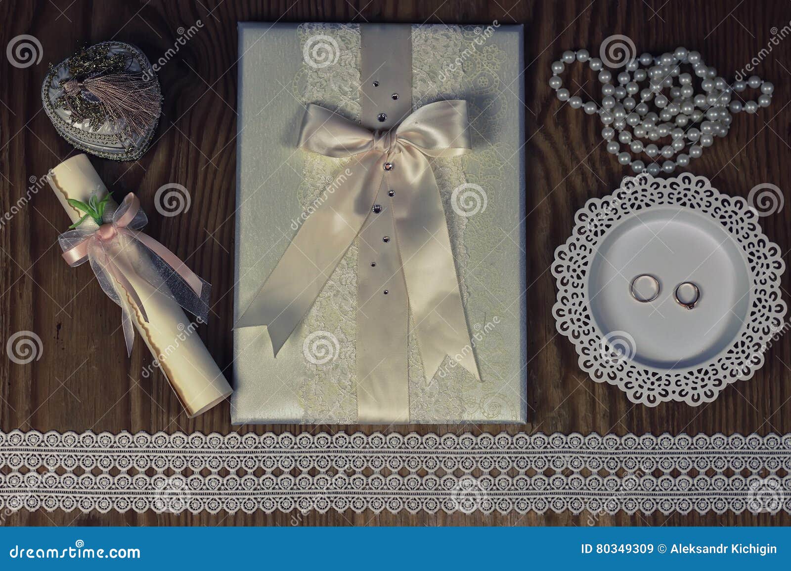 Wedding Accessories and Invitations To Frame Light Wooden Table Stock ...