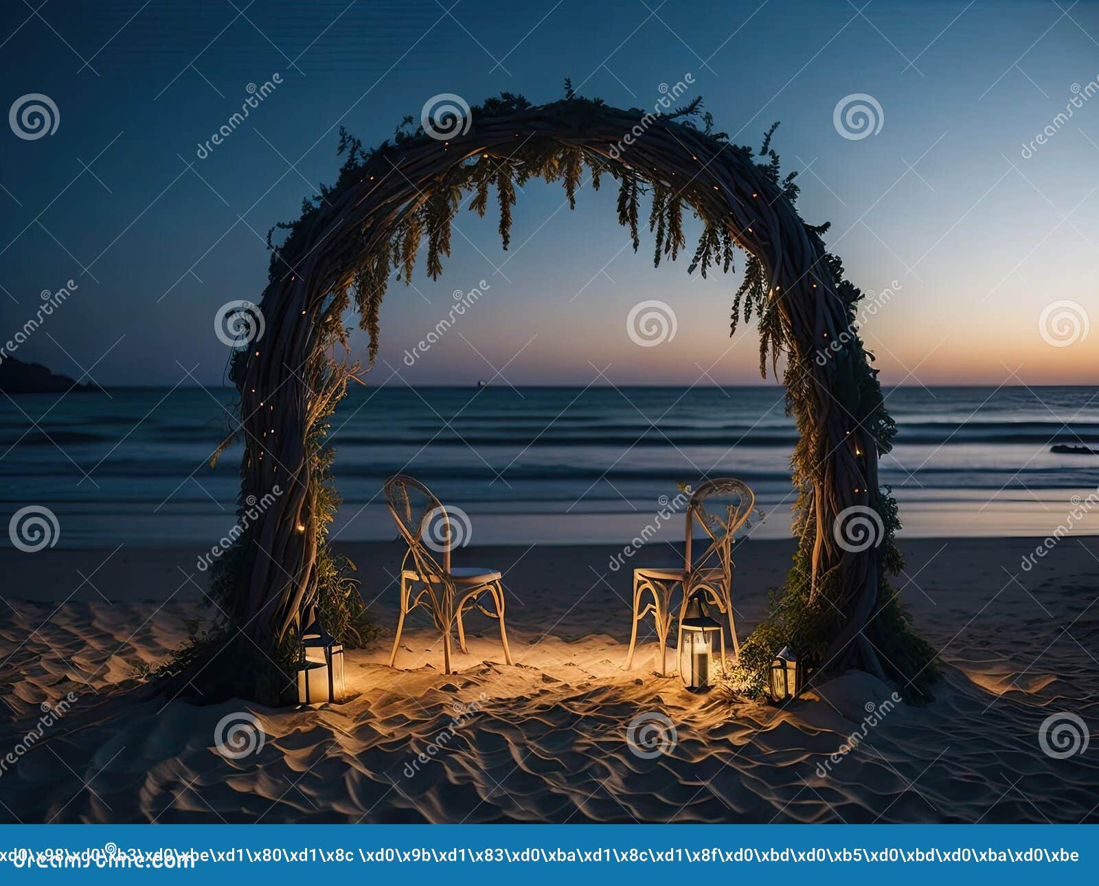 Wedding Arch and Chairs without People on the Night Beach. Ai ...