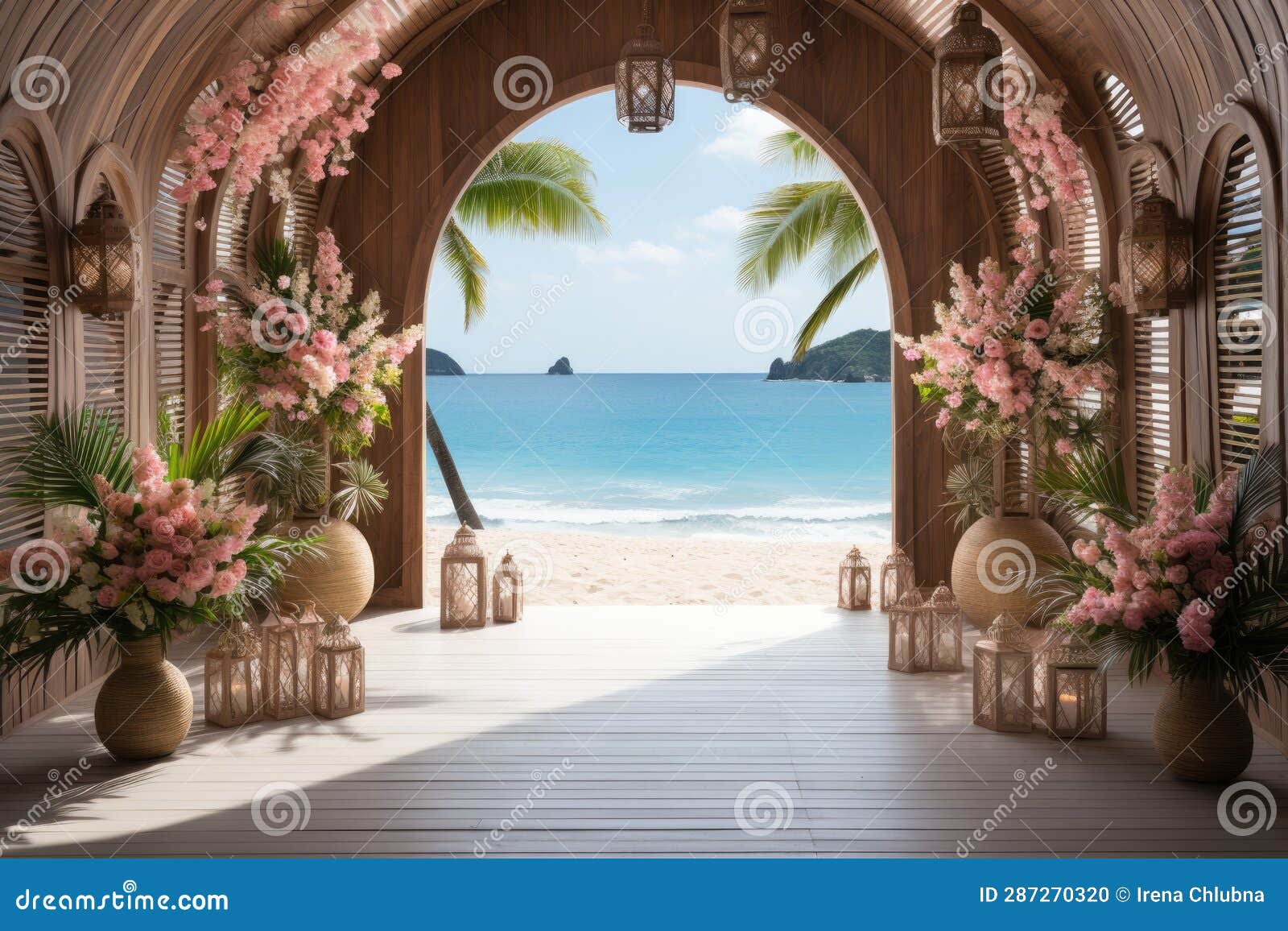Wedding Arch Decorated with Flowers on Tropical Beach Stock ...