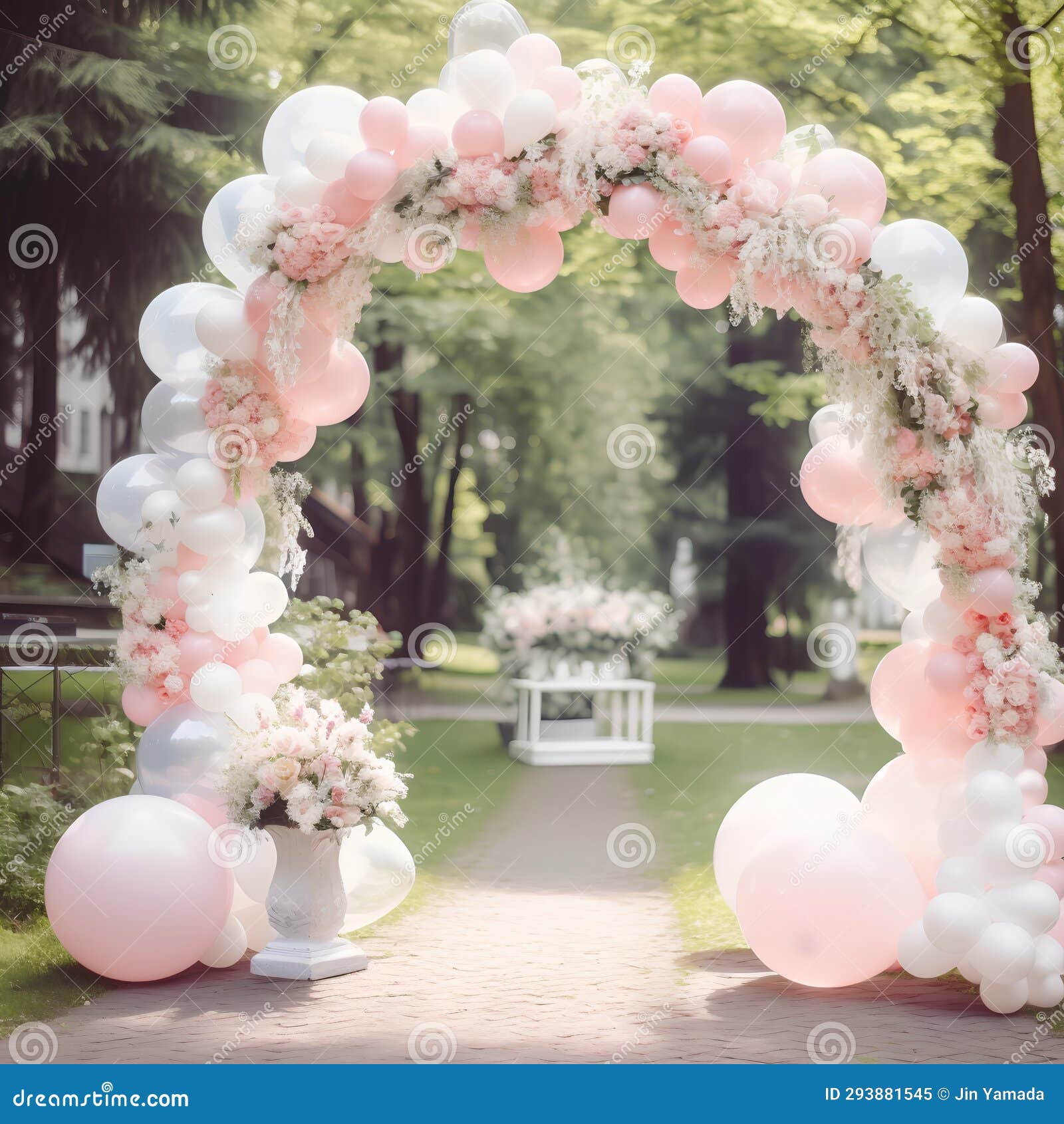 Wedding Arch Decorated with Pink and White Balloons in the Park Stock ...