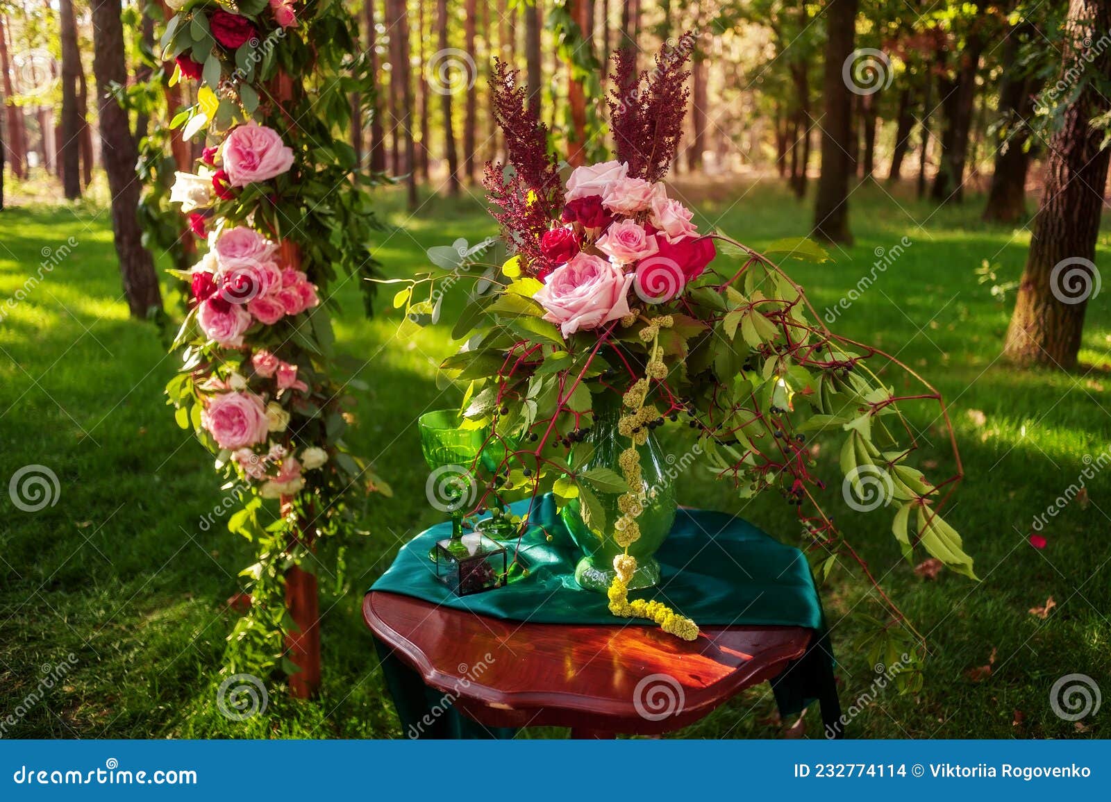 Wedding Arch and Decoration in Green Forest Stock Photo - Image of ...
