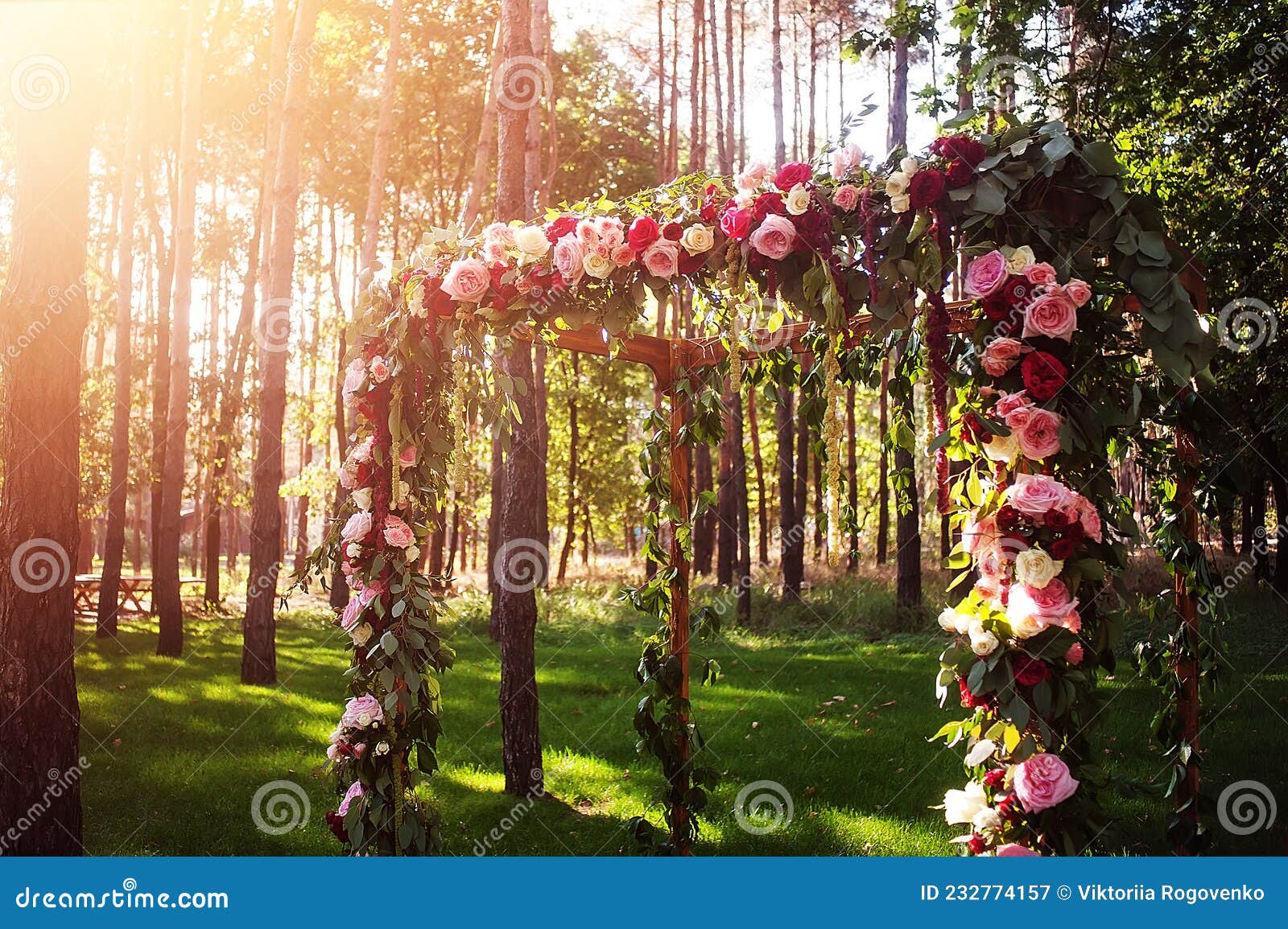 Wedding Arch and Decoration in Green Forest Stock Image - Image of ...