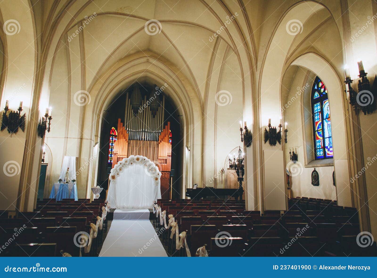 Wedding Arch and Decoration in Interior of Catholic Church Stock Photo ...