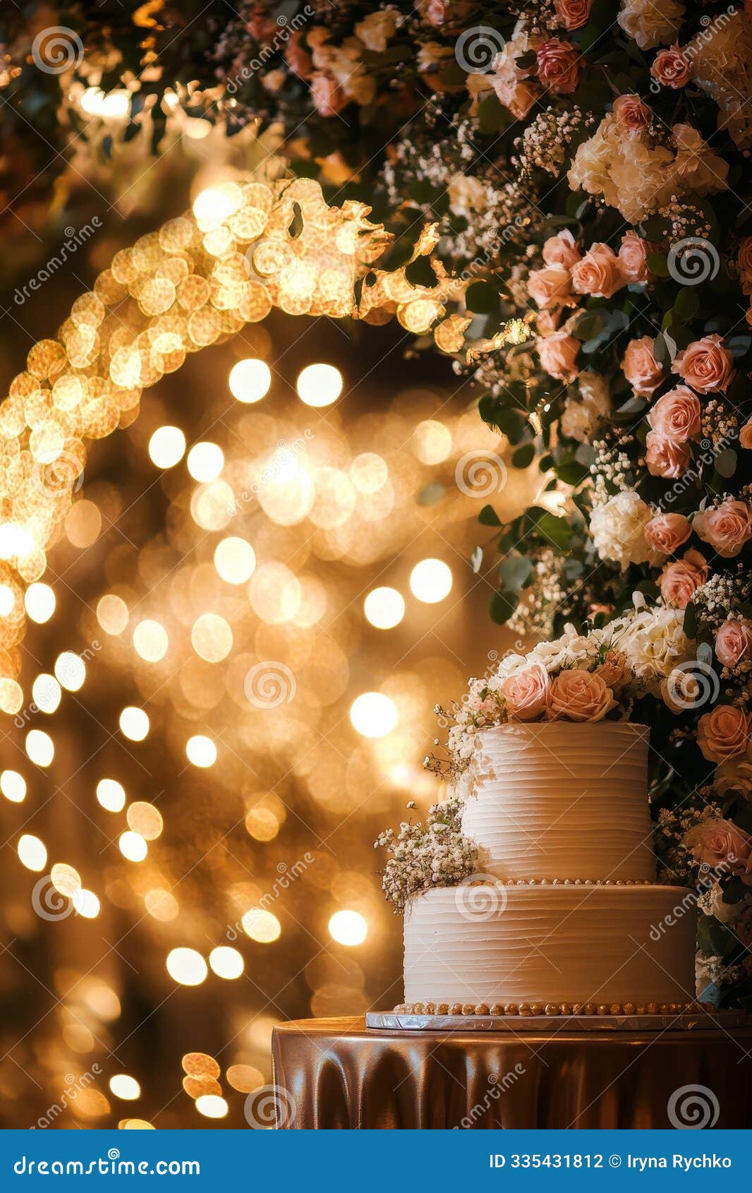 Wedding Arch with Flowers, Cake on Fireworks Background Stock Photo ...