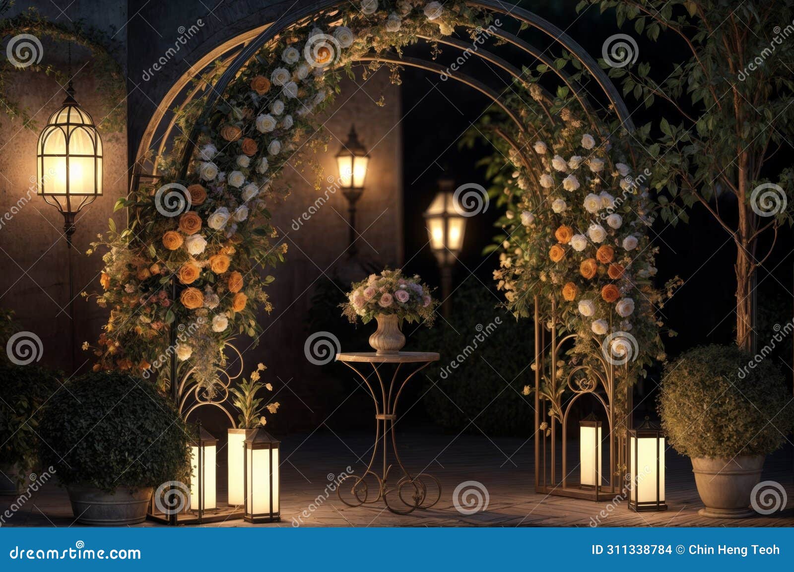Wedding Arch with Flowers and Lanterns Stock Photo - Image of tree ...