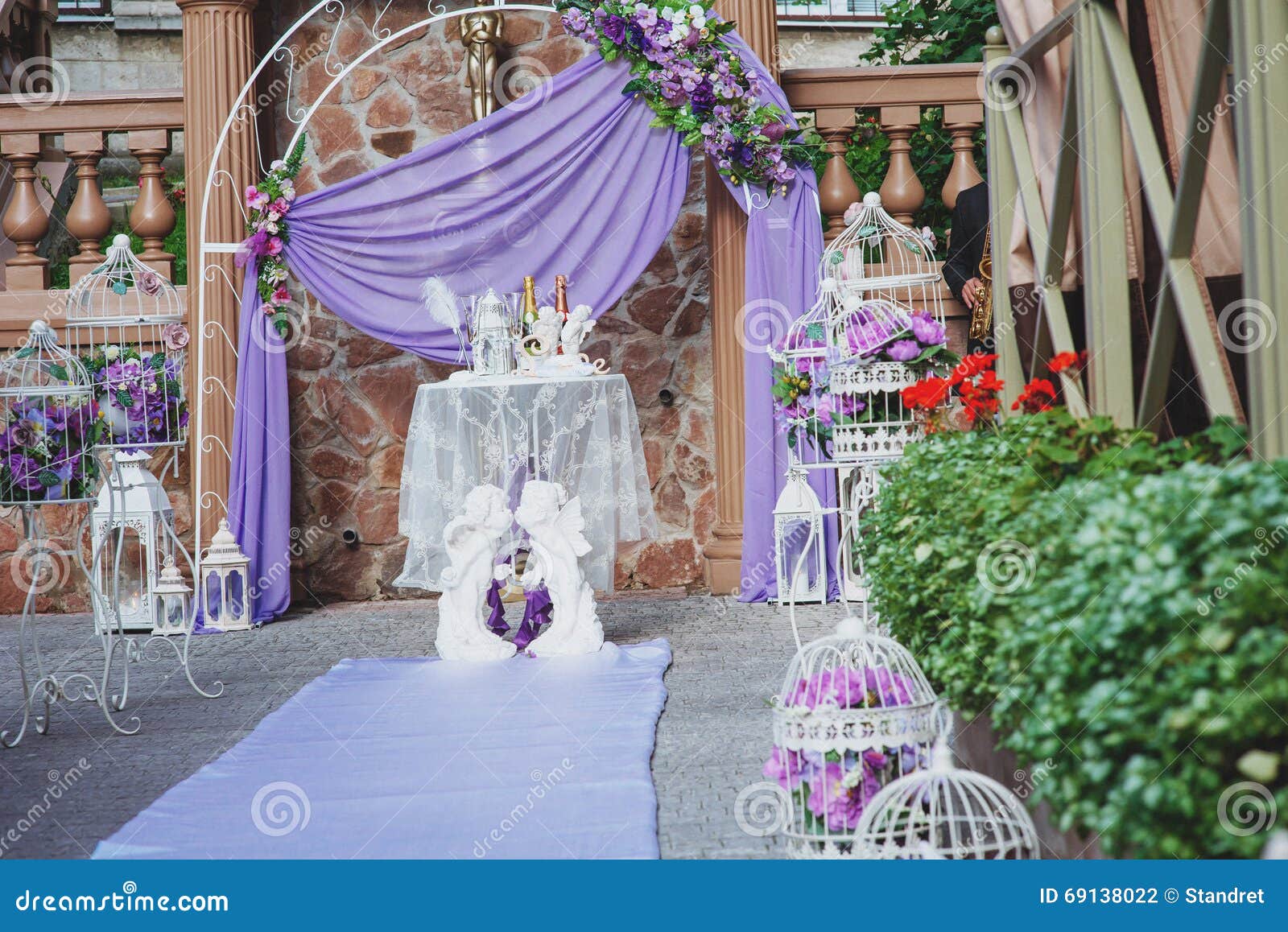 Wedding Arch in Purple Decor Stock Photo - Image of track, flowers ...