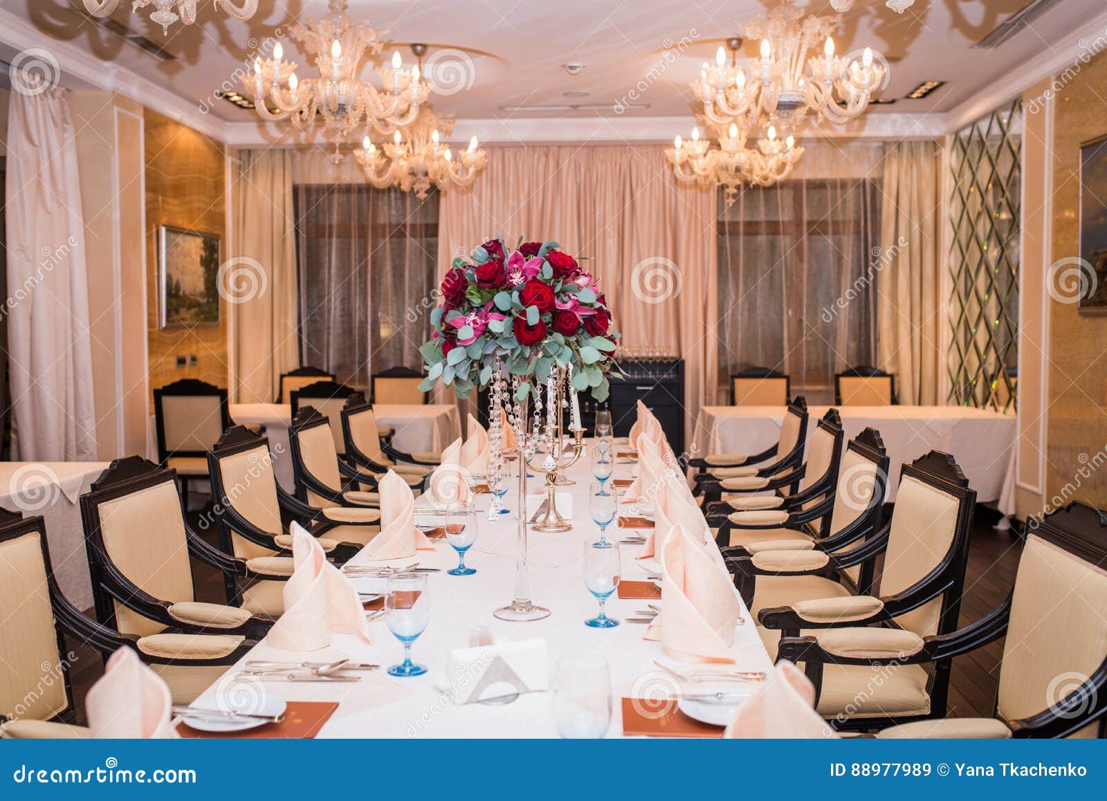 Wedding Arrangement with Red Roses, Orchids and Eucalyptus on the ...