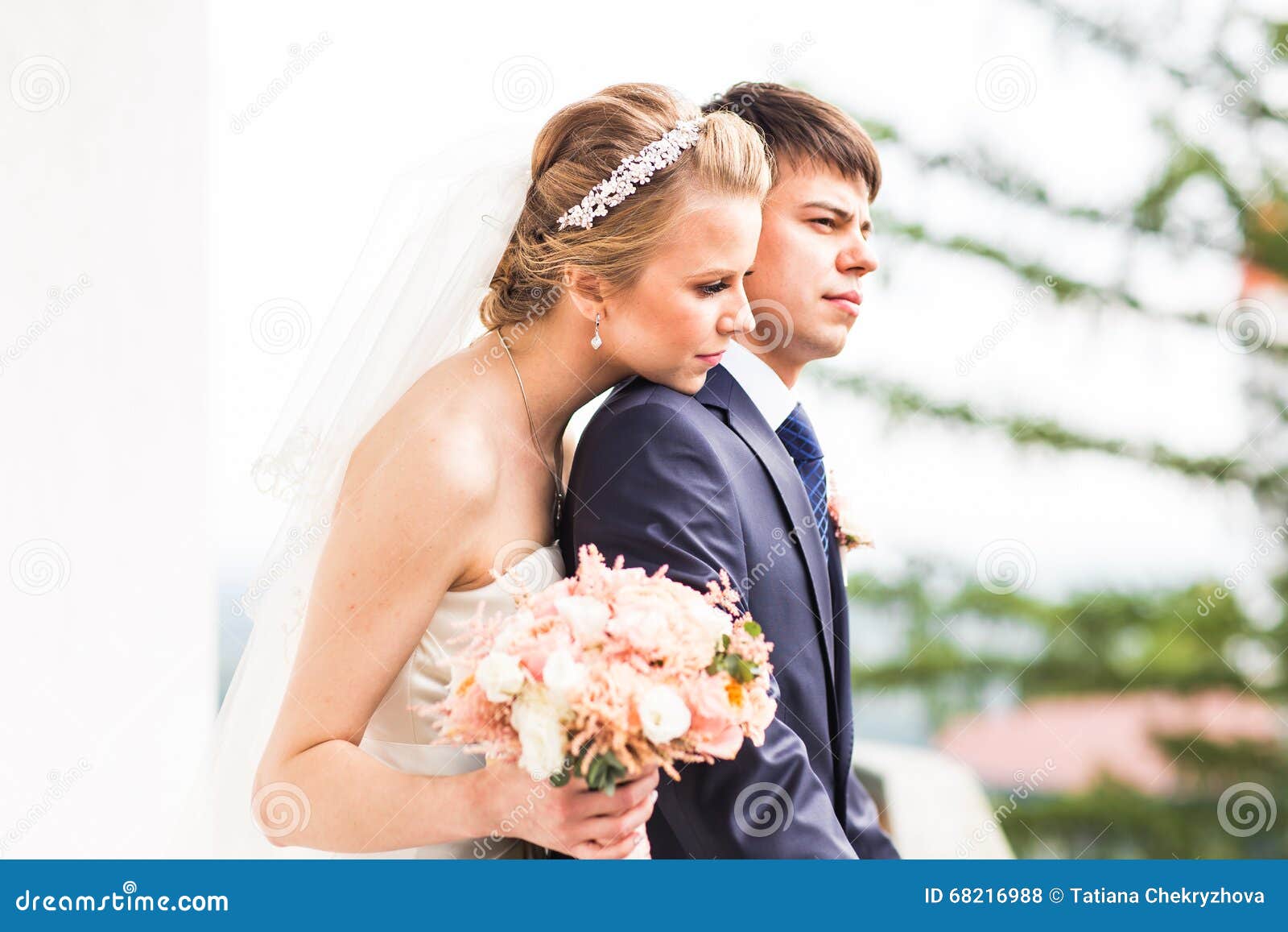 Wedding, Beautiful Romantic Bride and Groom Embracing Stock Photo ...