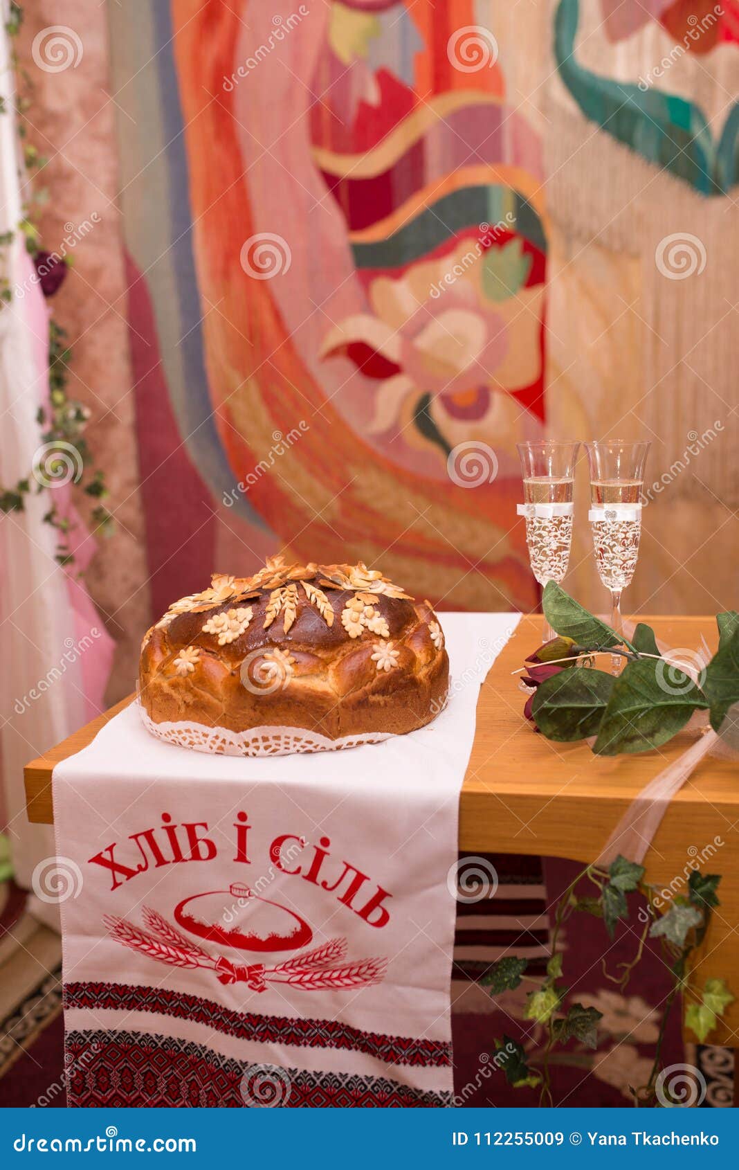 Closeup Wedding Loaf with Flowers on a Table. Wedding Bread. Stock ...