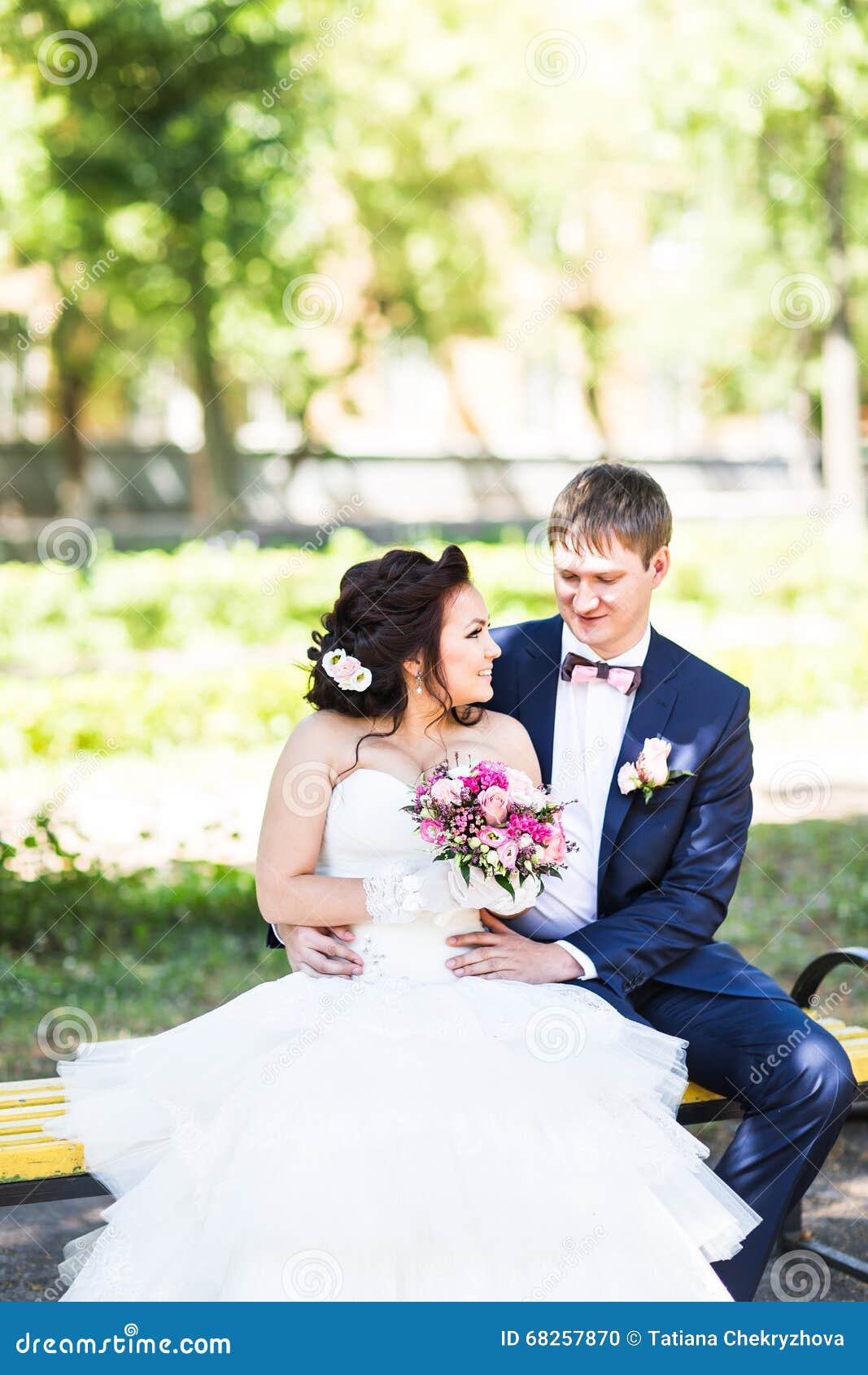 Wedding Bride and Groom on a Bench with Nature Landscape Scenery ...