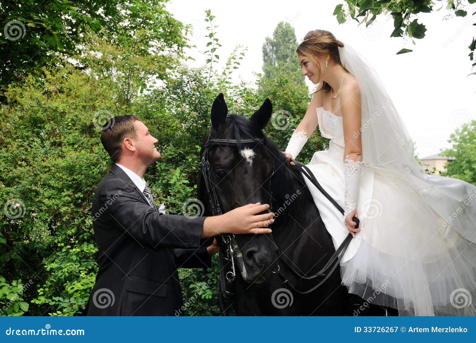Wedding Bride and Groom on Horseback Stock Image - Image of female ...
