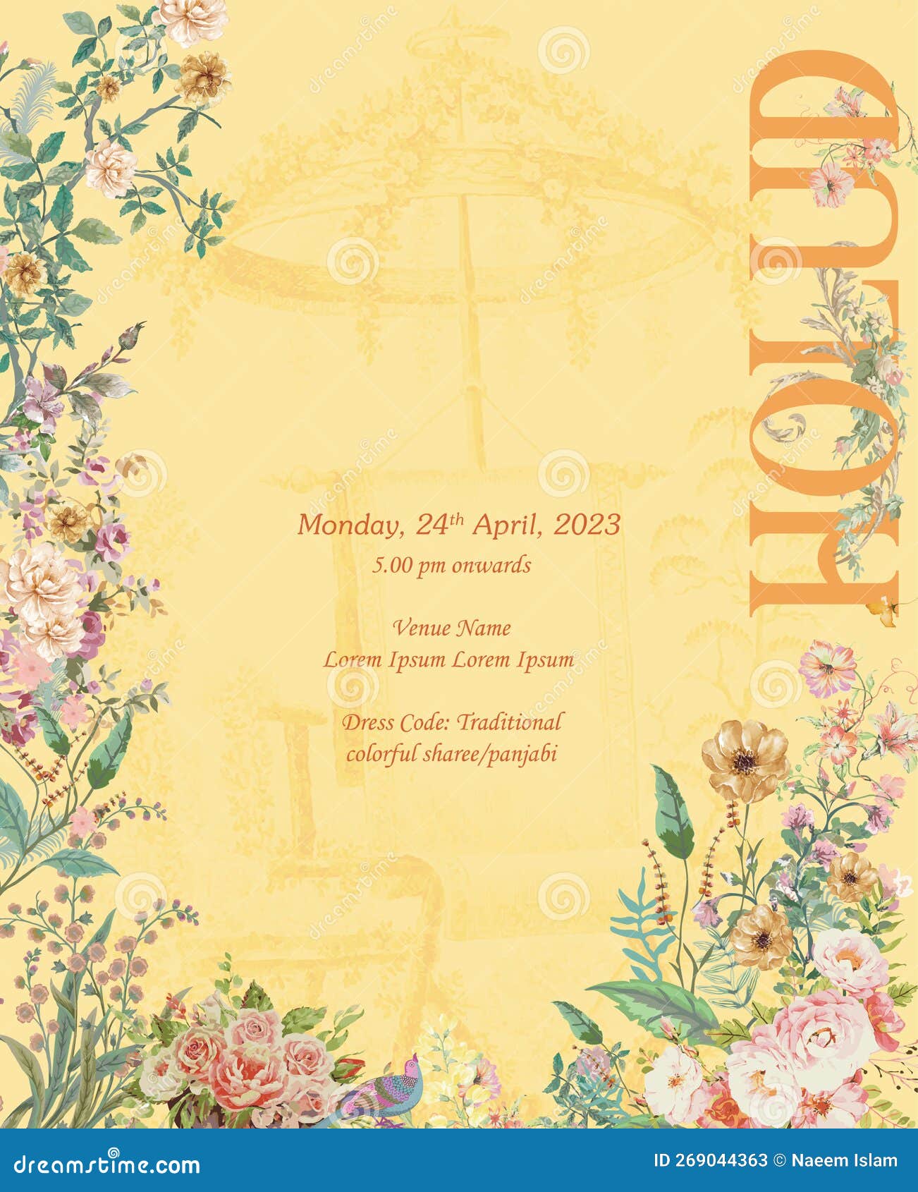 Wedding Holud Invitation Card Design with Wildflowers on a Yellow ...