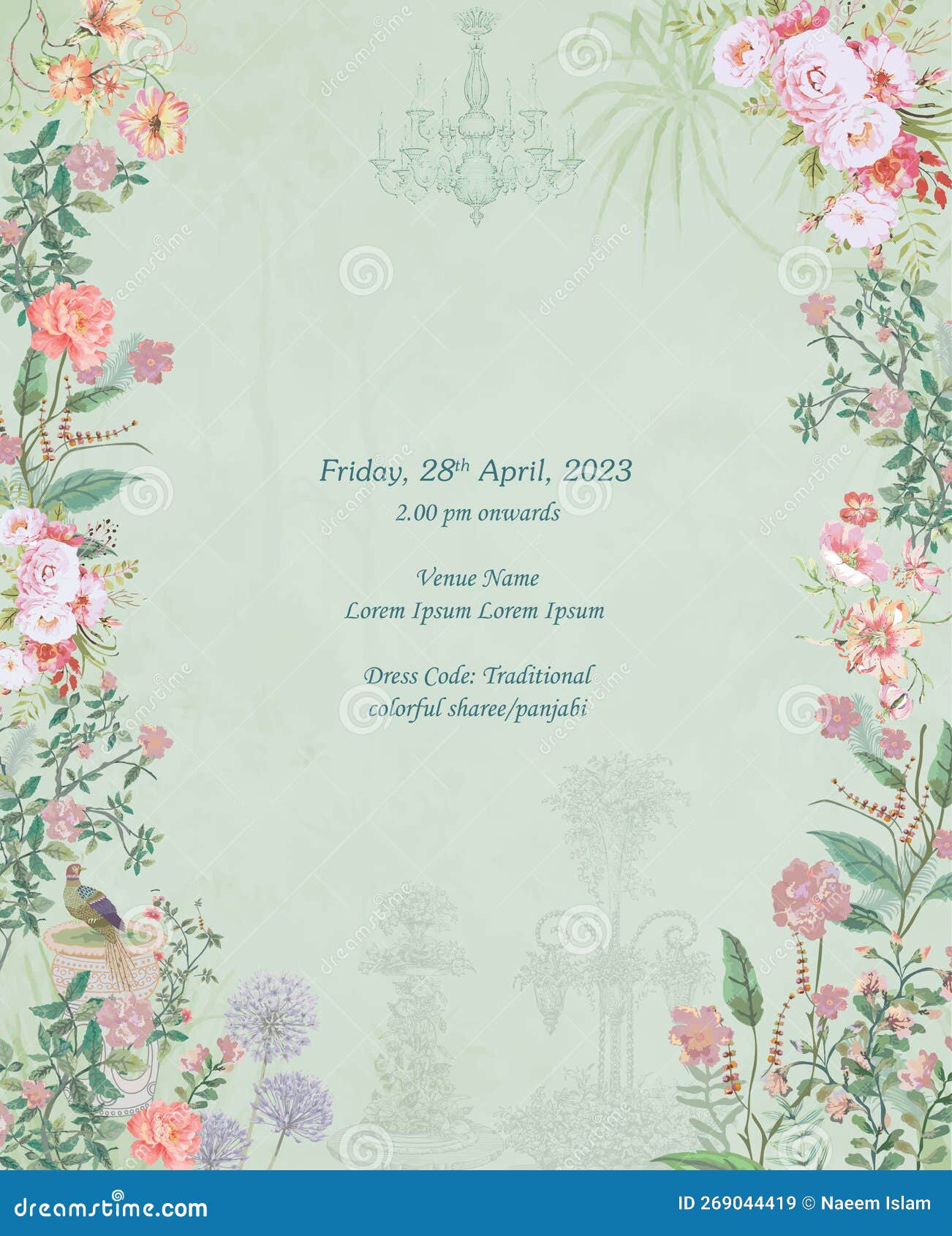 Mehndi Night Wedding Invitation Card Design with Wildflowers on a Green ...