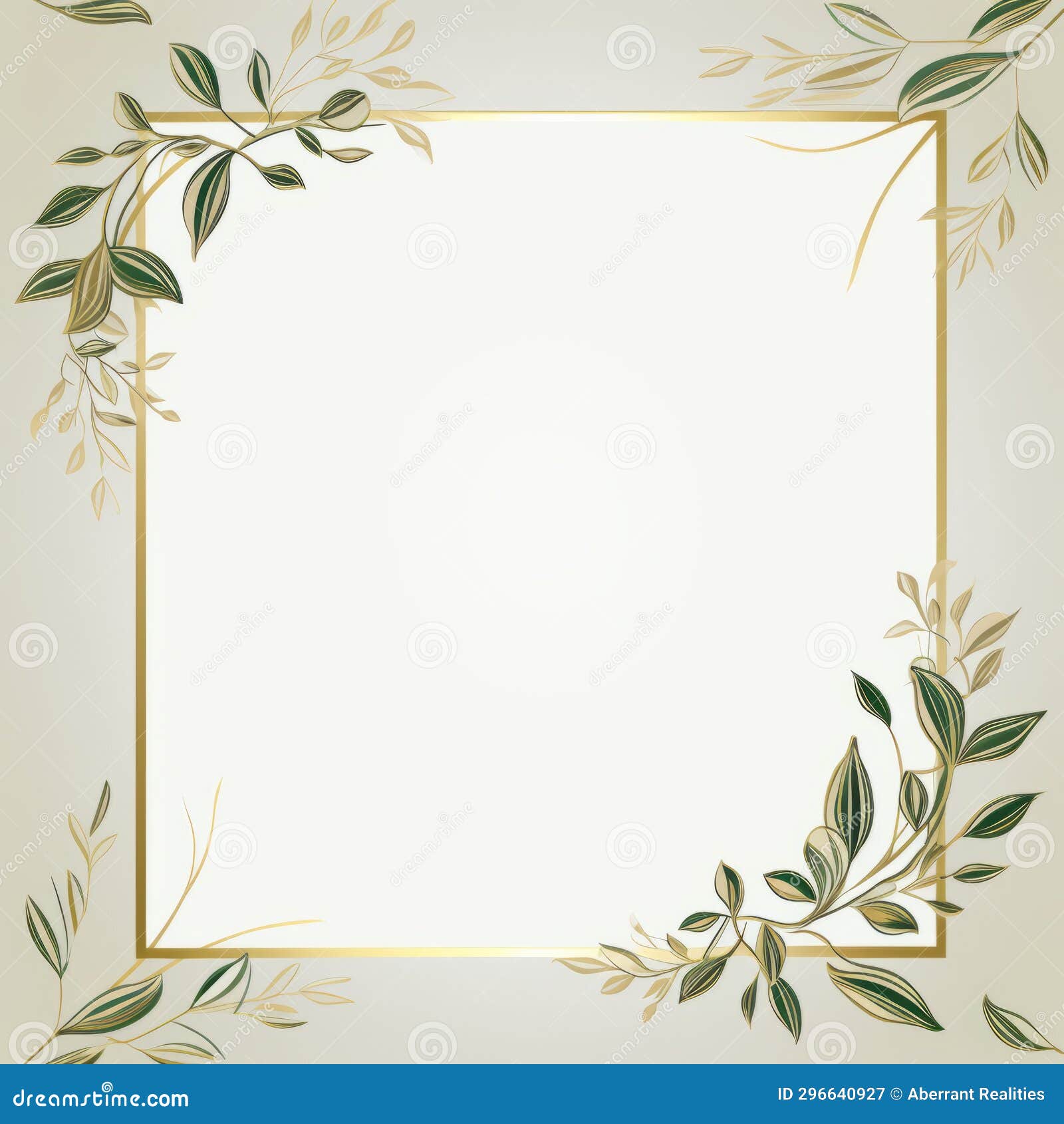 Wedding Card with Gold Frame and Green Leaves on a Beige Background ...