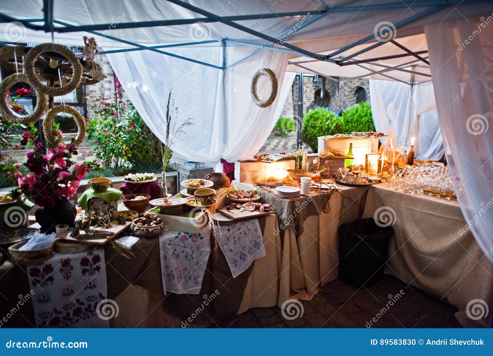 Wedding Catering Table with Different Food at Night Outdoor. Stock ...