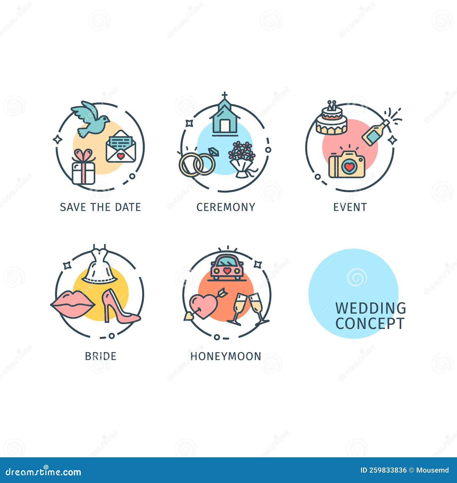 Wedding Ceremony Concept Thin Line Icons Labels Set. Vector Stock ...