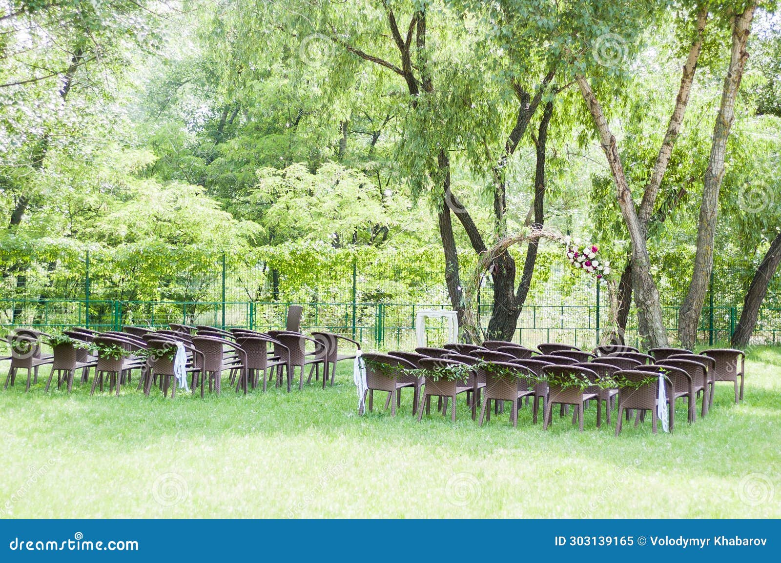 Wedding Ceremony Place Under Tall Green Trees Stock Image - Image of ...