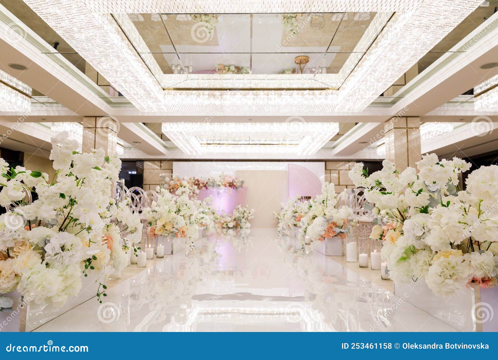 Wedding Ceremony with Rows of Flowers in the Hall Stock Photo - Image ...