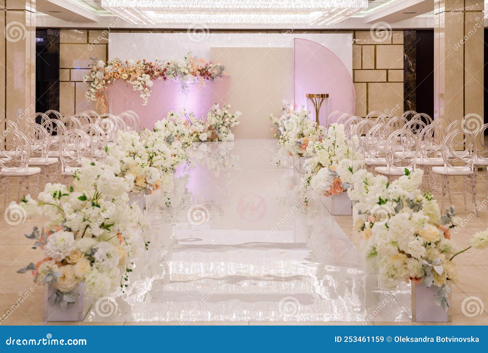 Wedding Ceremony with Rows of Flowers in the Hall Stock Image - Image ...