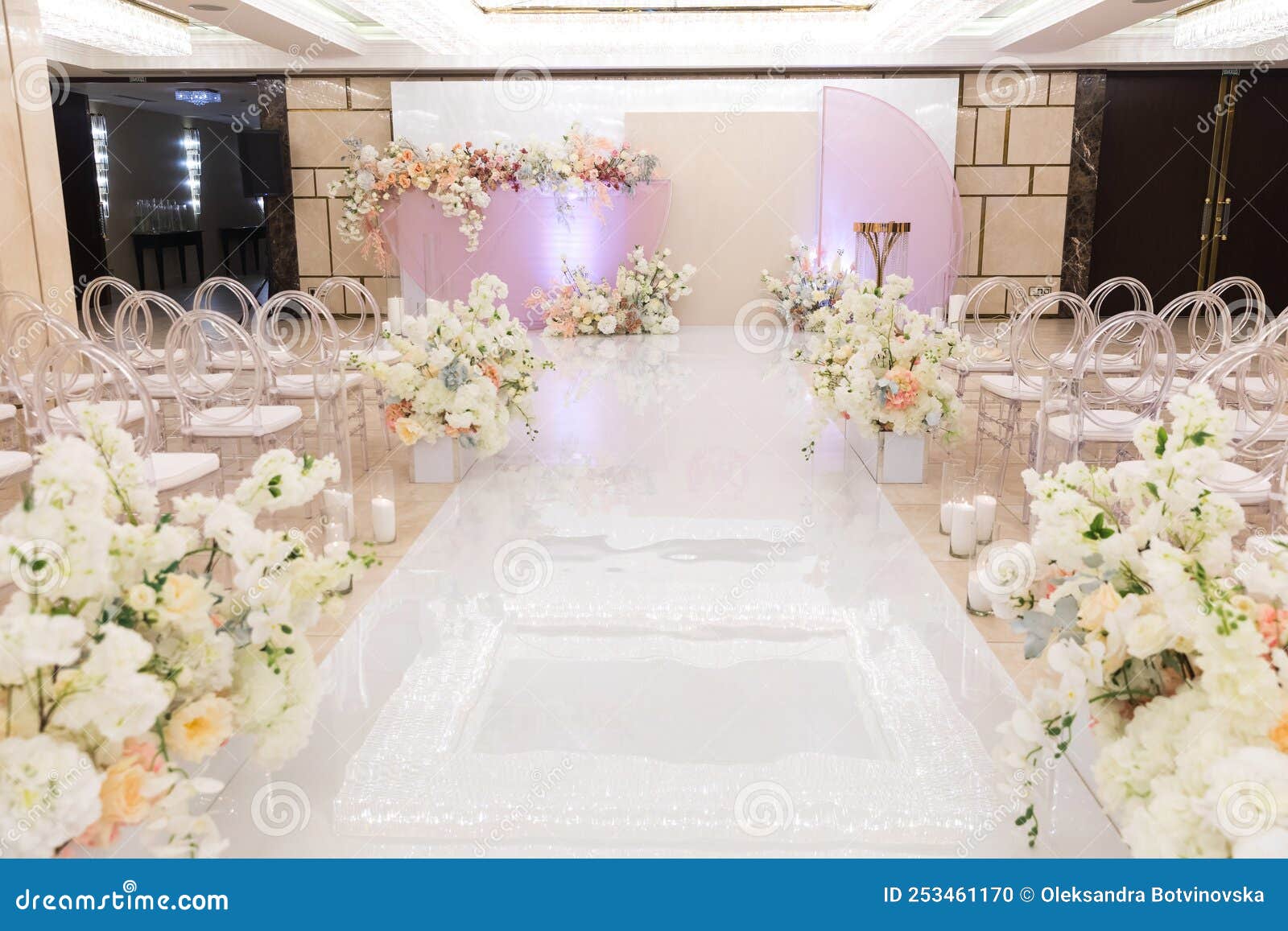 Wedding Ceremony with Rows of Flowers in the Hall Stock Photo - Image ...